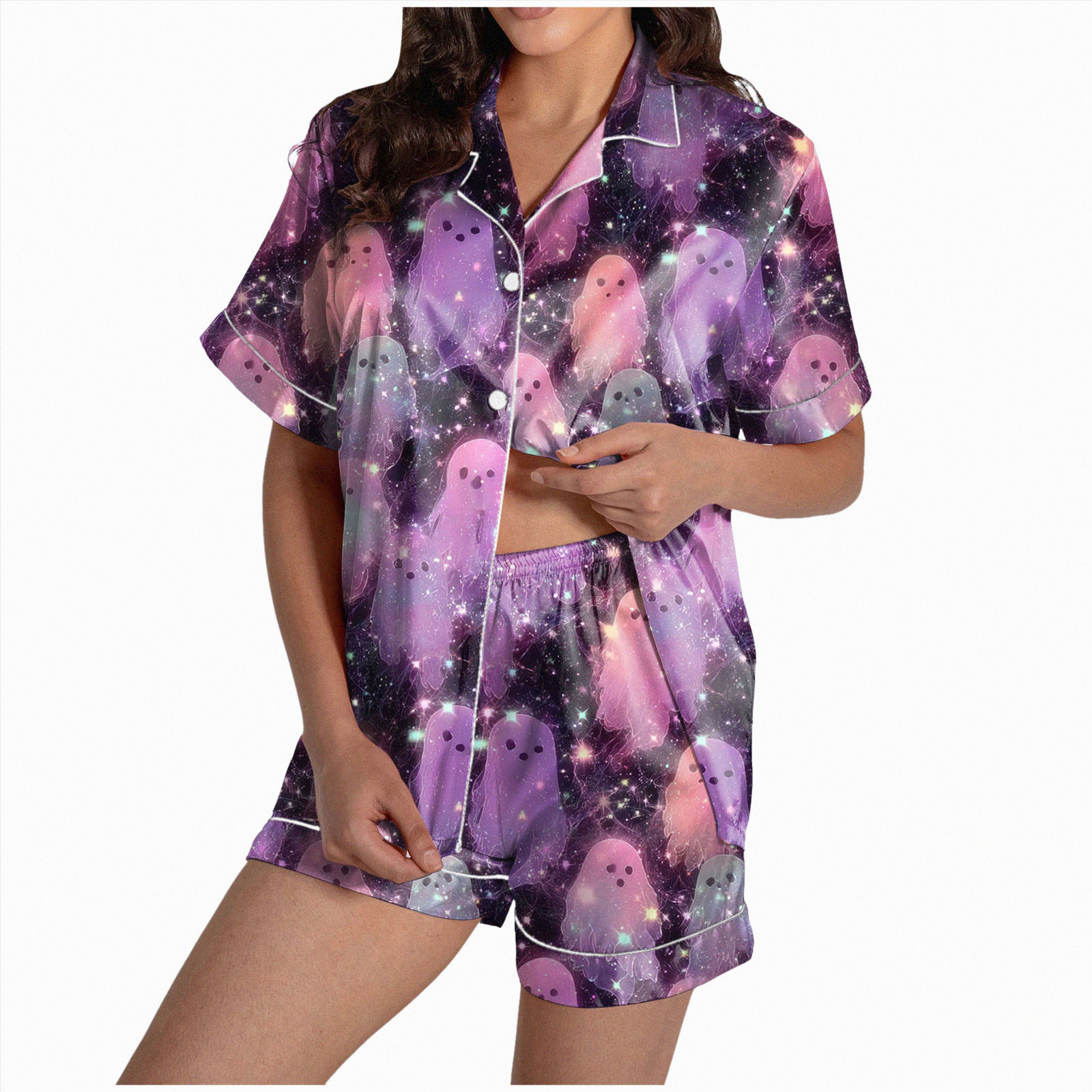 enyan Halloween Pjs Women Satin Silky Pajama Set Short Sleeve Shirt Set ...