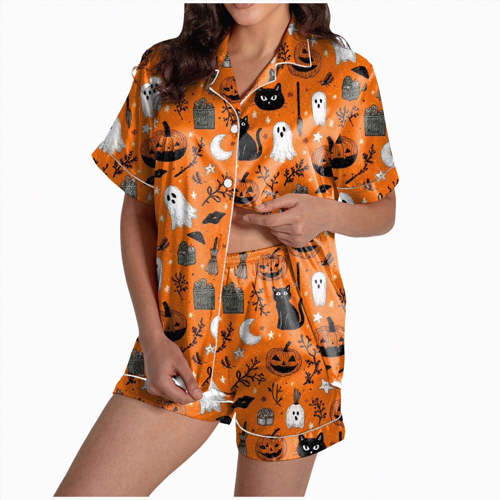 enyan Halloween Womens Pajamas Satin Pajamas Set Button Down 2 Piece ...