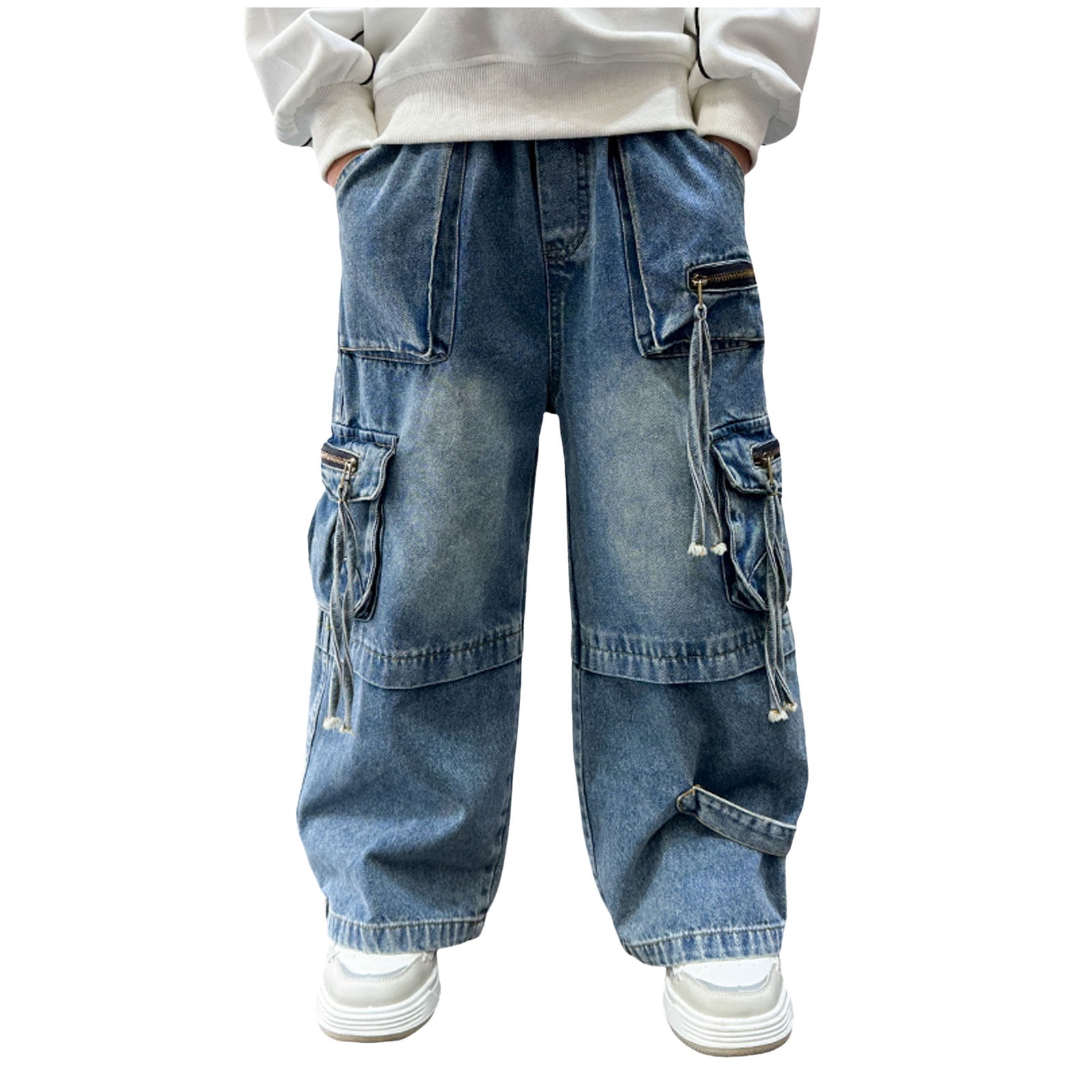 enyan Jeans for Boys Elastic Mid Waist Washed Full Length Straight ...