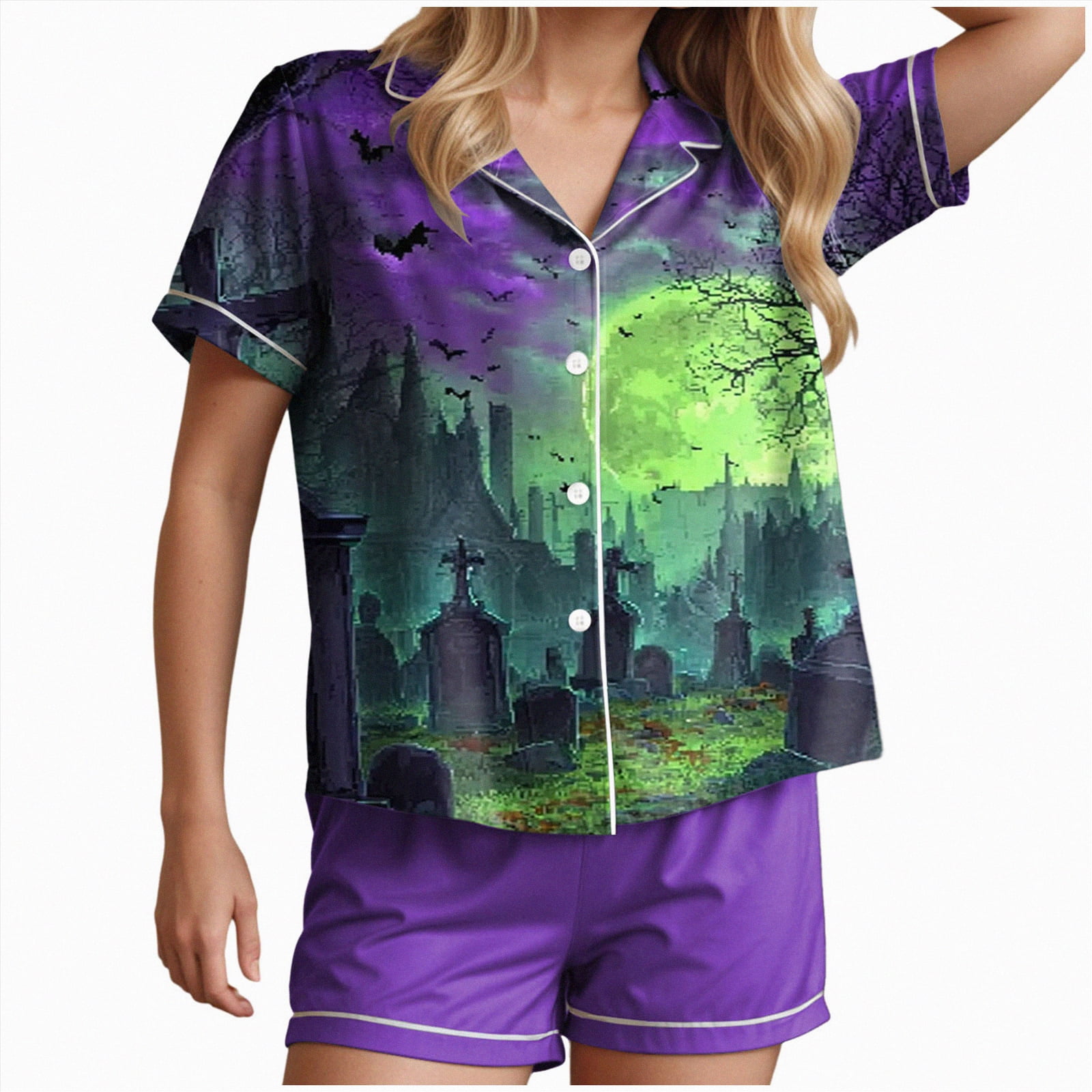 enyan Matching Halloween Pajamas Silk Satin Pajamas Set Short Sleepwear ...