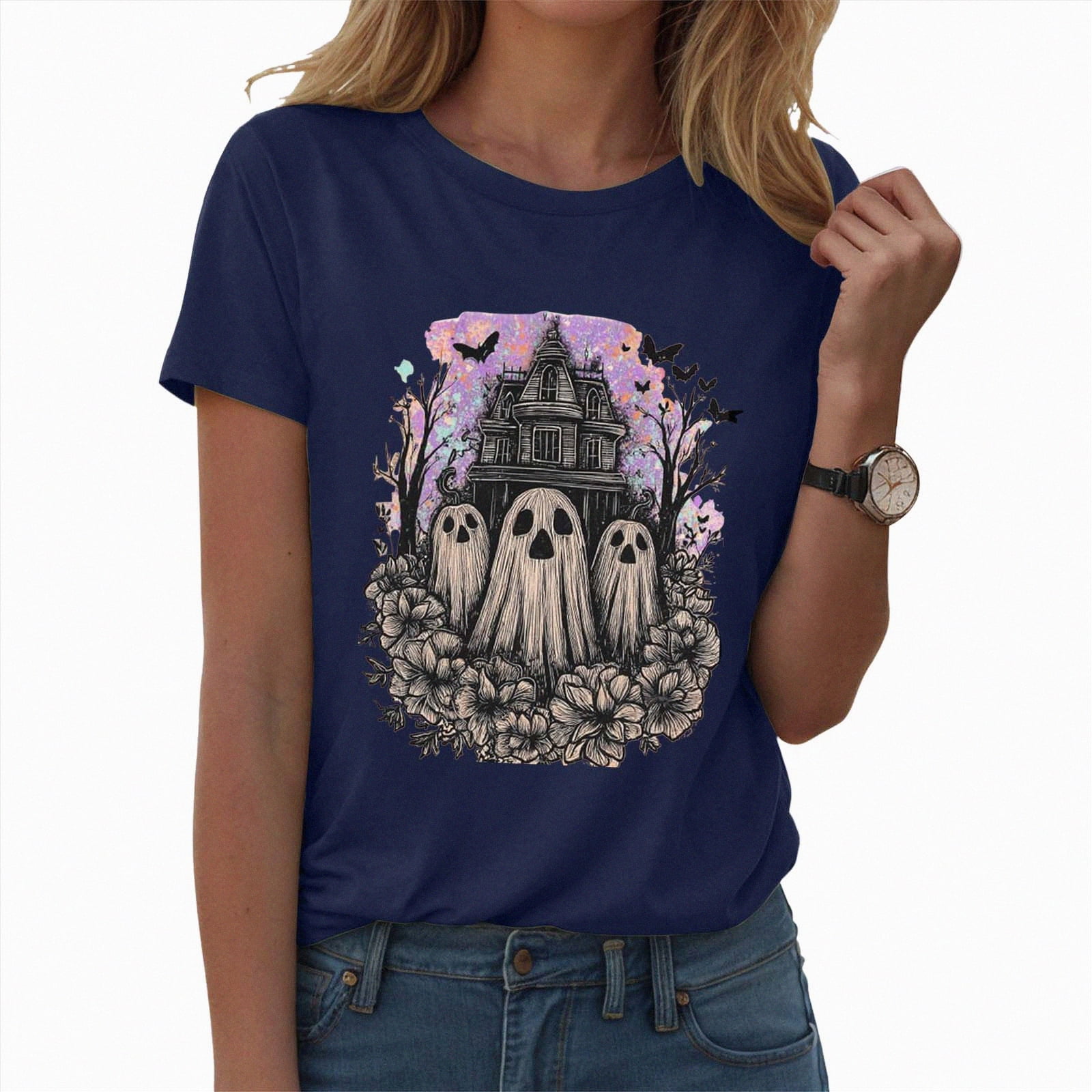enyan Tee Pumpkin Graphic Cute Ghost Tops Tee Fall Short Sleeve Tops ...