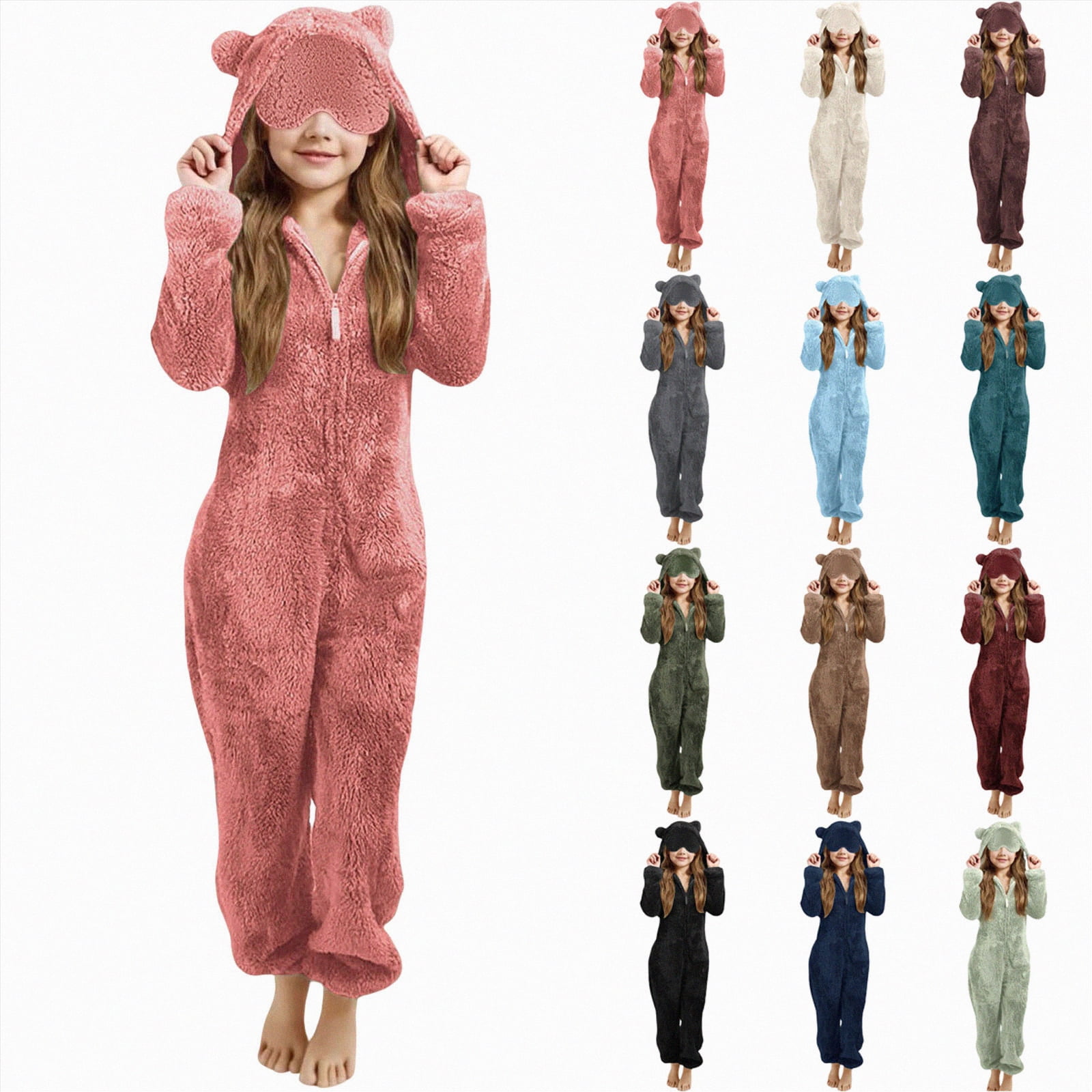 enyan Teen Kids Fleece Jumpsuits Half Zipper Plush Bedroom Hooded ...