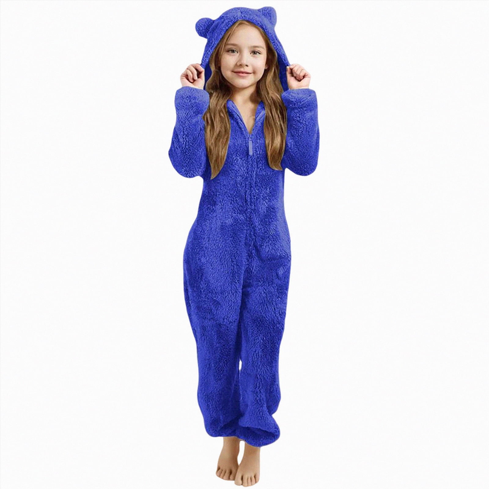 enyan Teen Kids Fleece Jumpsuits Half Zipper Plush Bedroom Hooded ...