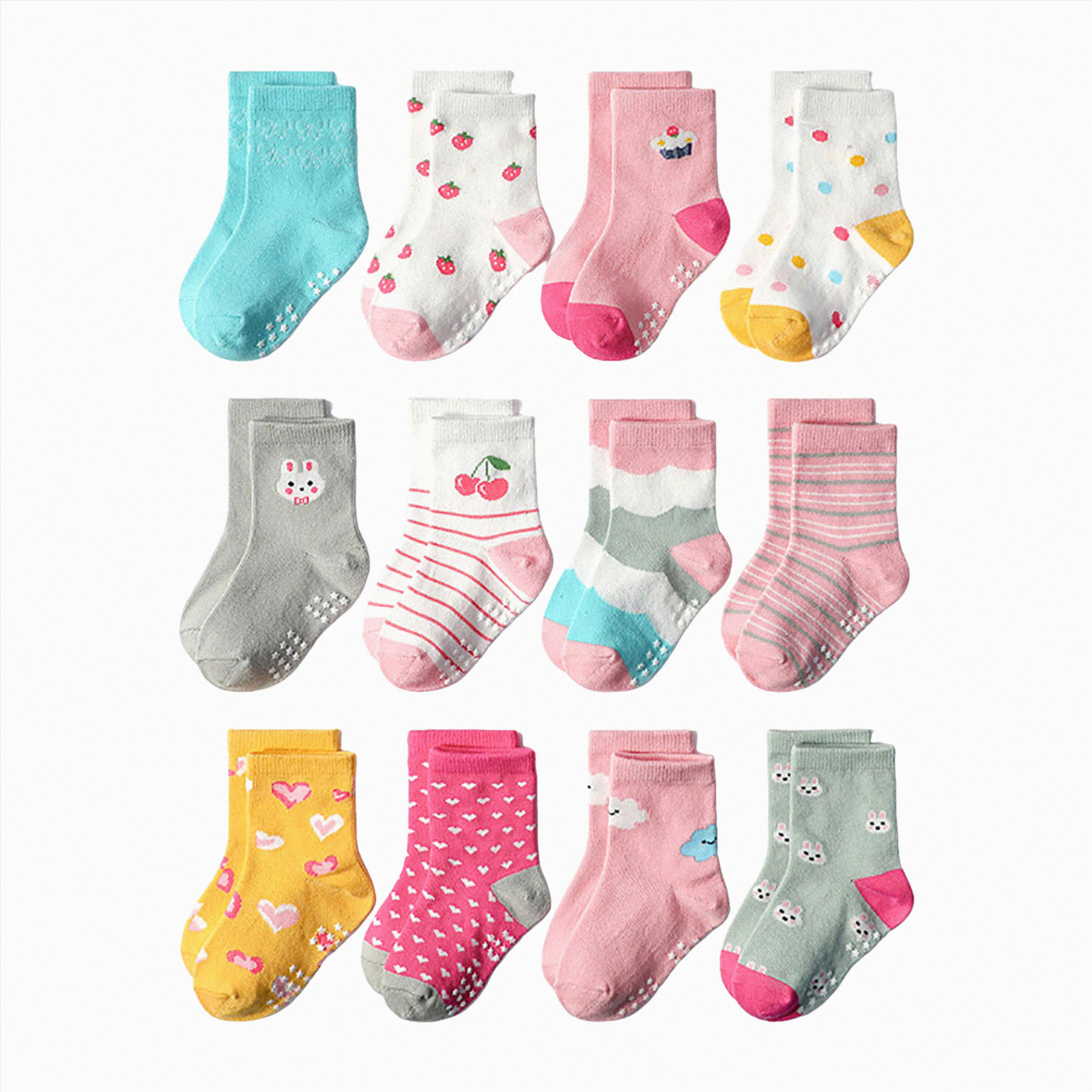 enyan Unisex Kids and Toddlers' Cotton 12 Pairs Ankle Socks with Grip ...