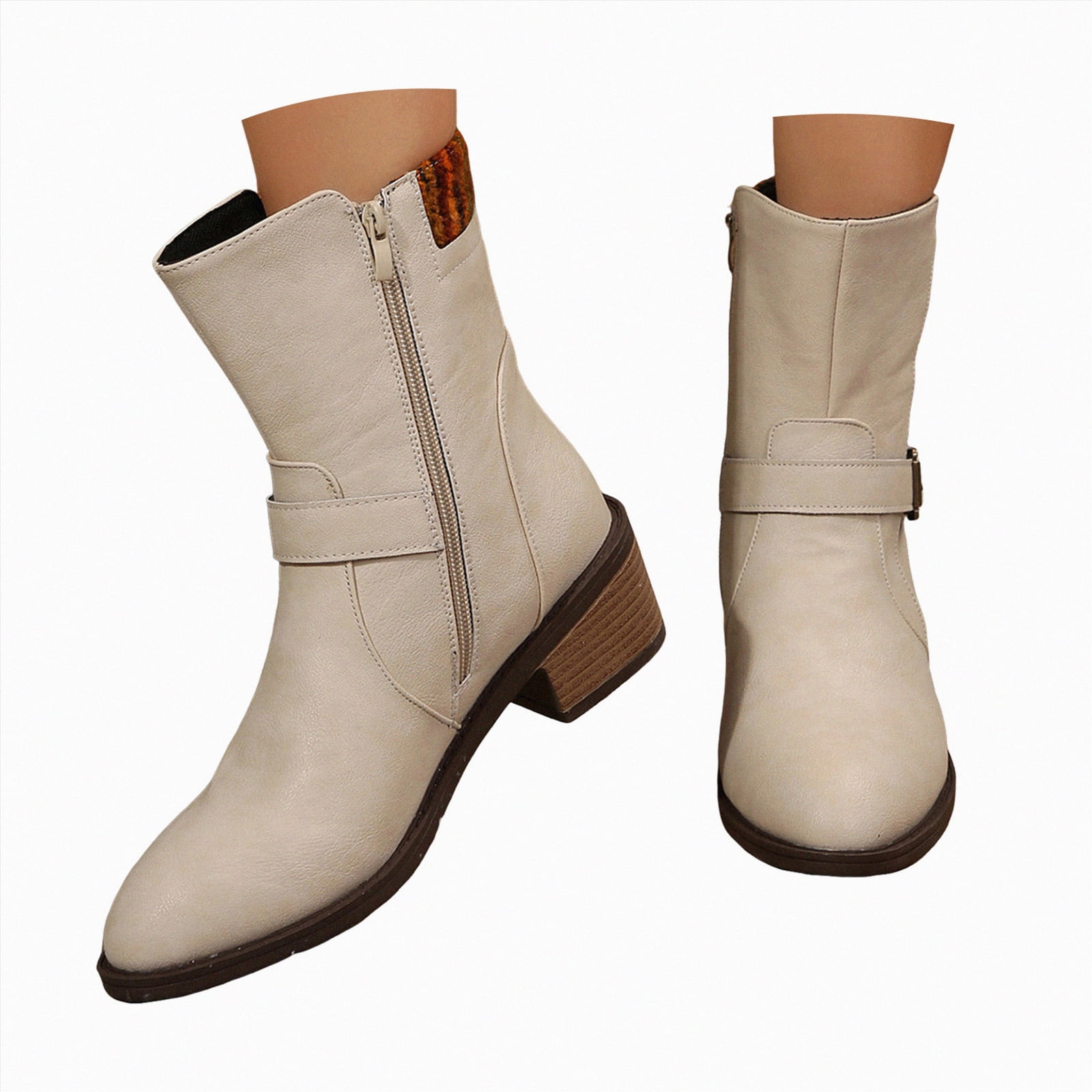 enyan Women's Mid Calf Boot,Round Toe Low Heel Comfort Slouchy Bootie ...