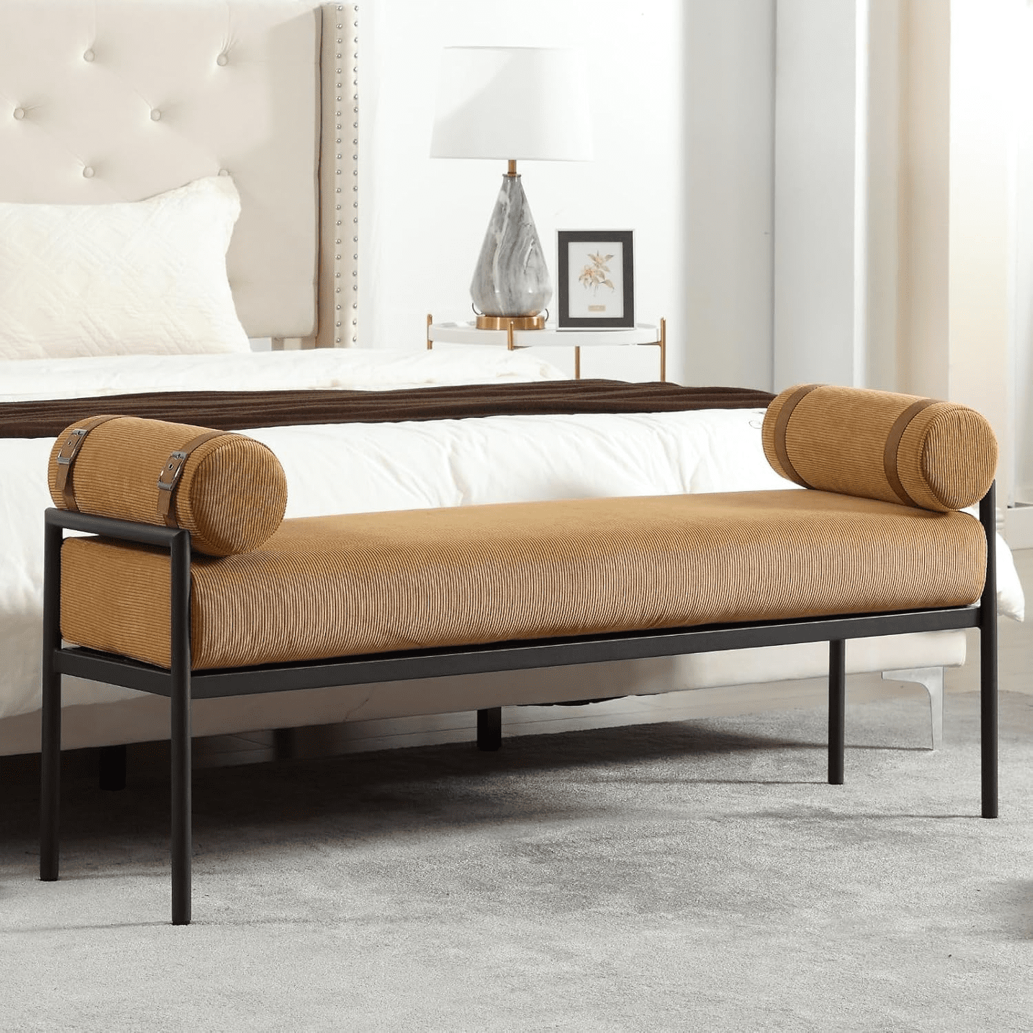 ercxhui Brown Leather Bedroom Bench 55 Inch Long End of Bed Bench ...