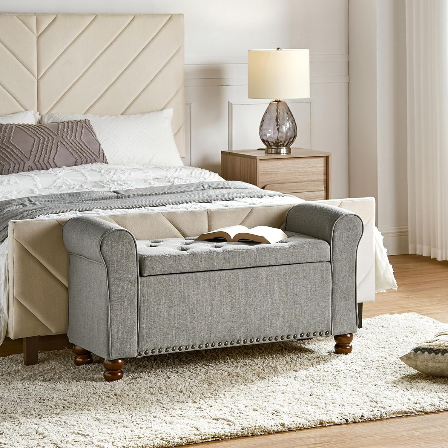 ercxhui Storage Ottoman Bench with Rolled Armrest Button-Tufted End of ...