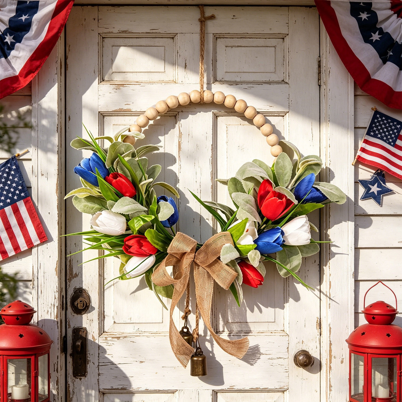 erdimoy 17.7" Patriotic Wooden Bead Hoop Wreath with Tulips & Burlap ...