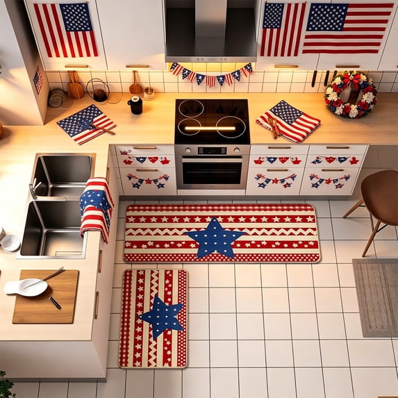 erdimoy 4th of July Patriotic Star Kitchen Rug Set, 2-Piece Red White ...
