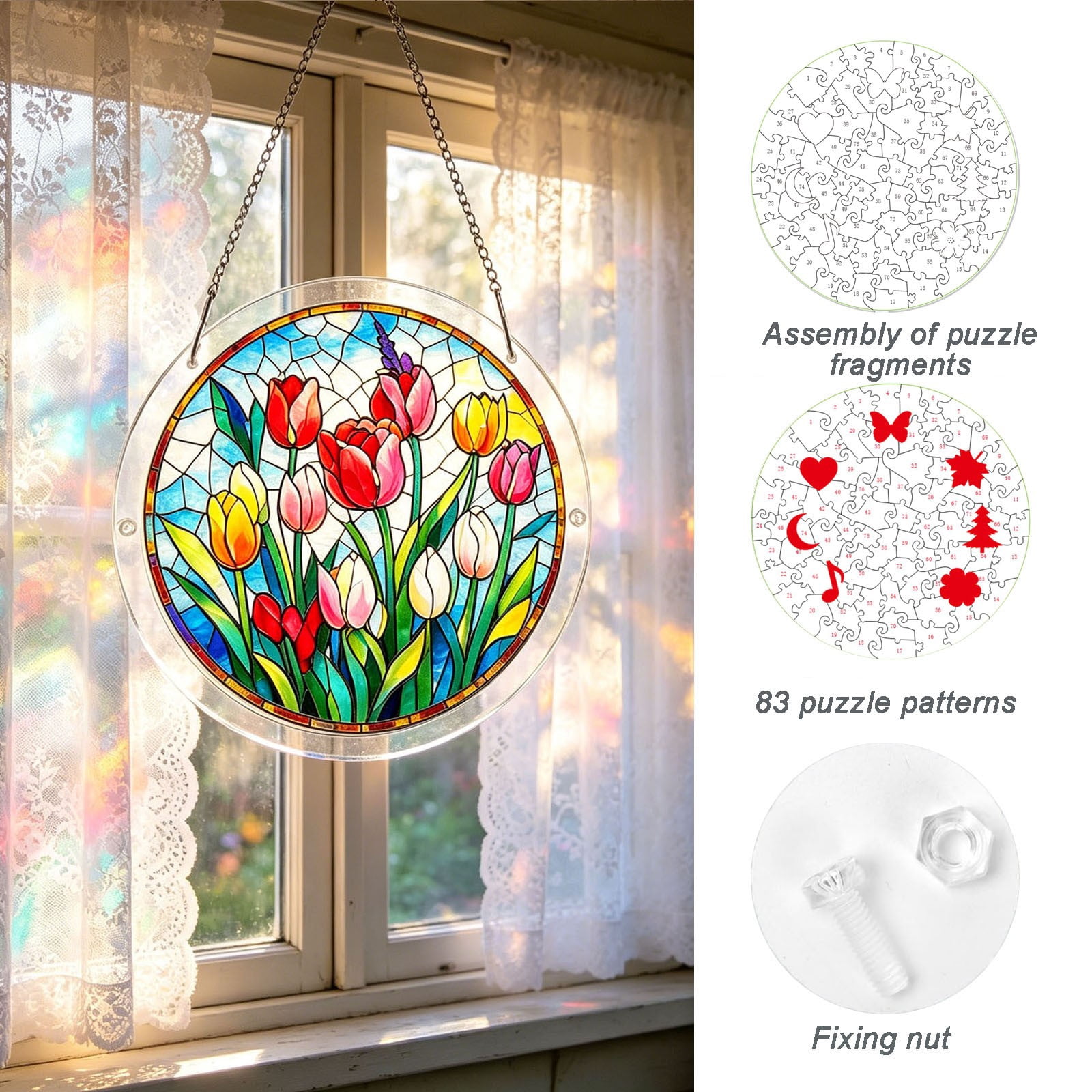 erdimoy Stained Glass Red Rose Floral Acrylic Sun Catcher Jigsaw Puzzle ...