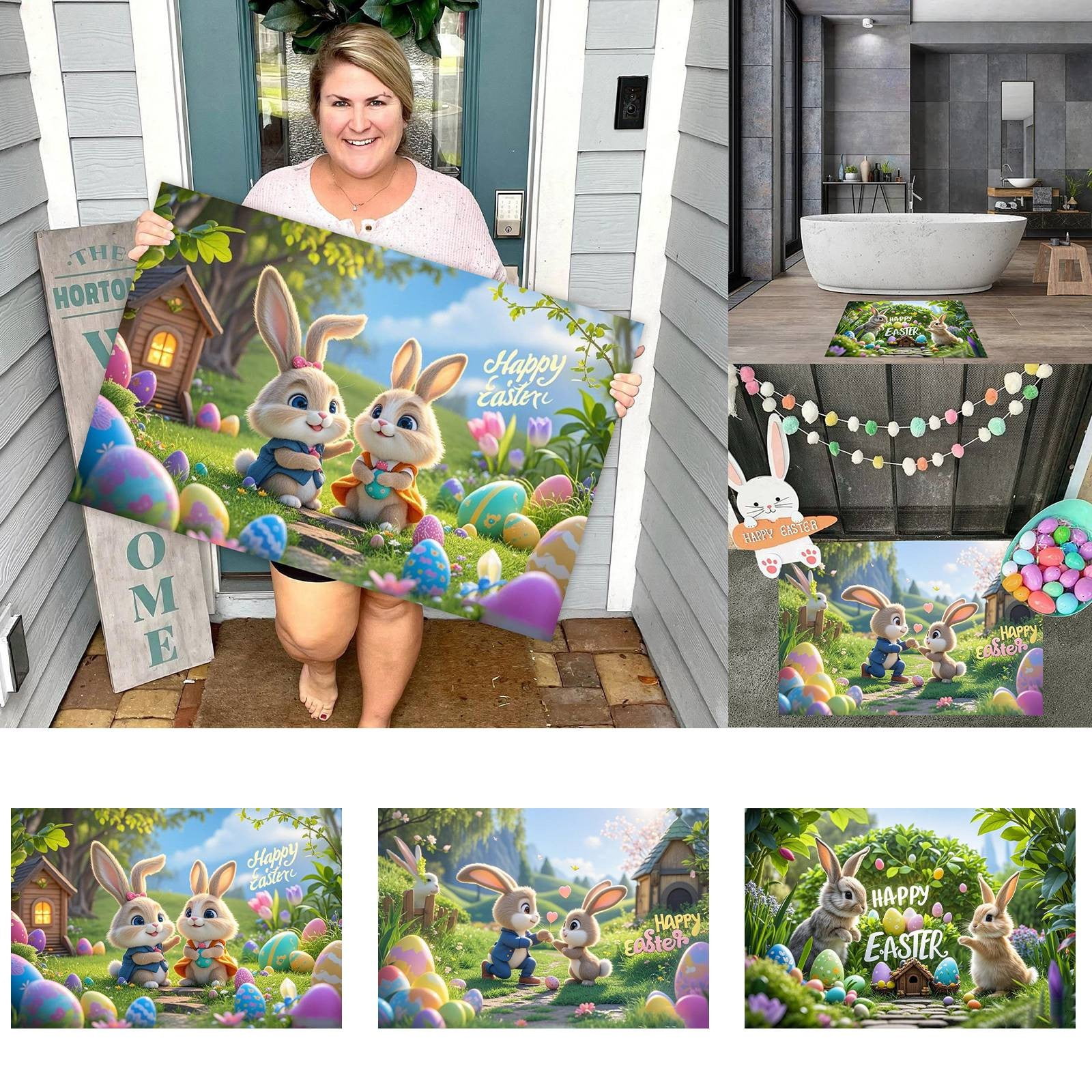 erfcxs Easter Bunny Pattern Soft Velvet Carpet Festive Atmosphere Cute ...