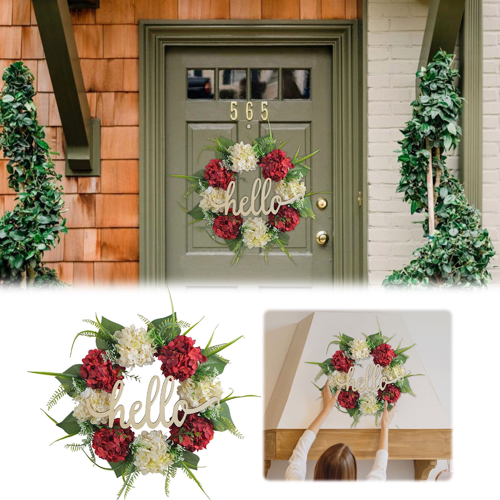 erfcxs Hello "wood" Garland Door Hanging Hydrangea Rattan Ring Window ...