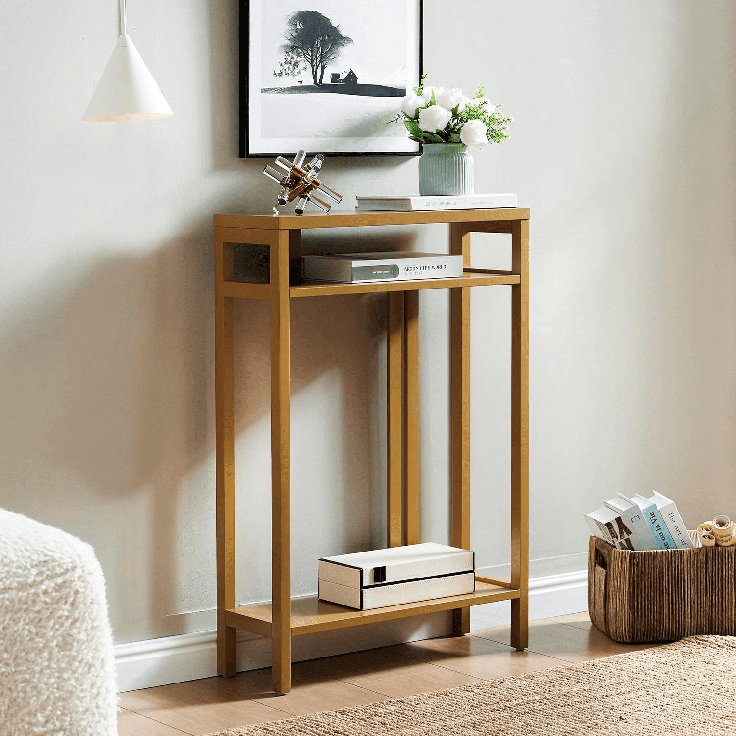 erfgvbh Bisbee Wood Console with 2 Open Storage Shelves Narrow ...