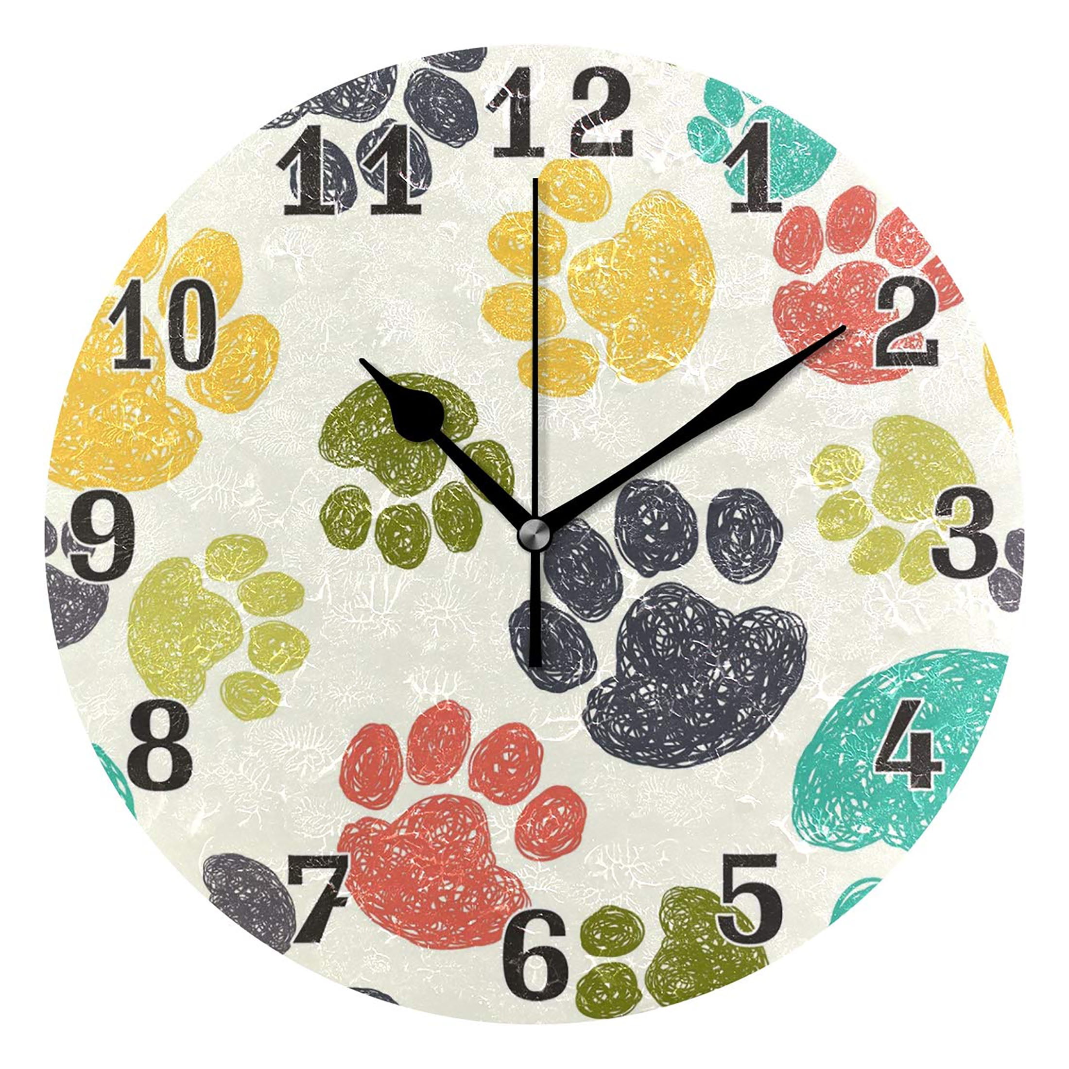 erolrail Colorful Cat Dog Paw Round Wall Clock, Silent Non Ticking for ...