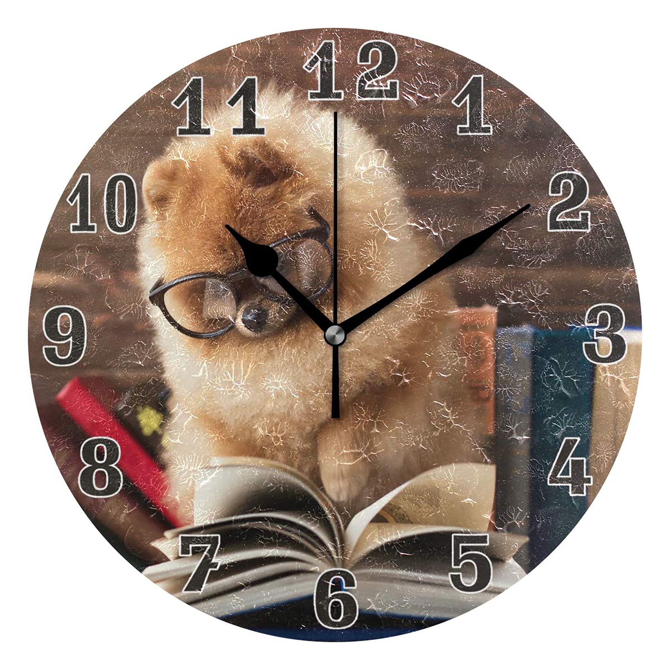 erolrail Funny Dog Book Round Wall Clock, Silent Non Ticking for Living ...
