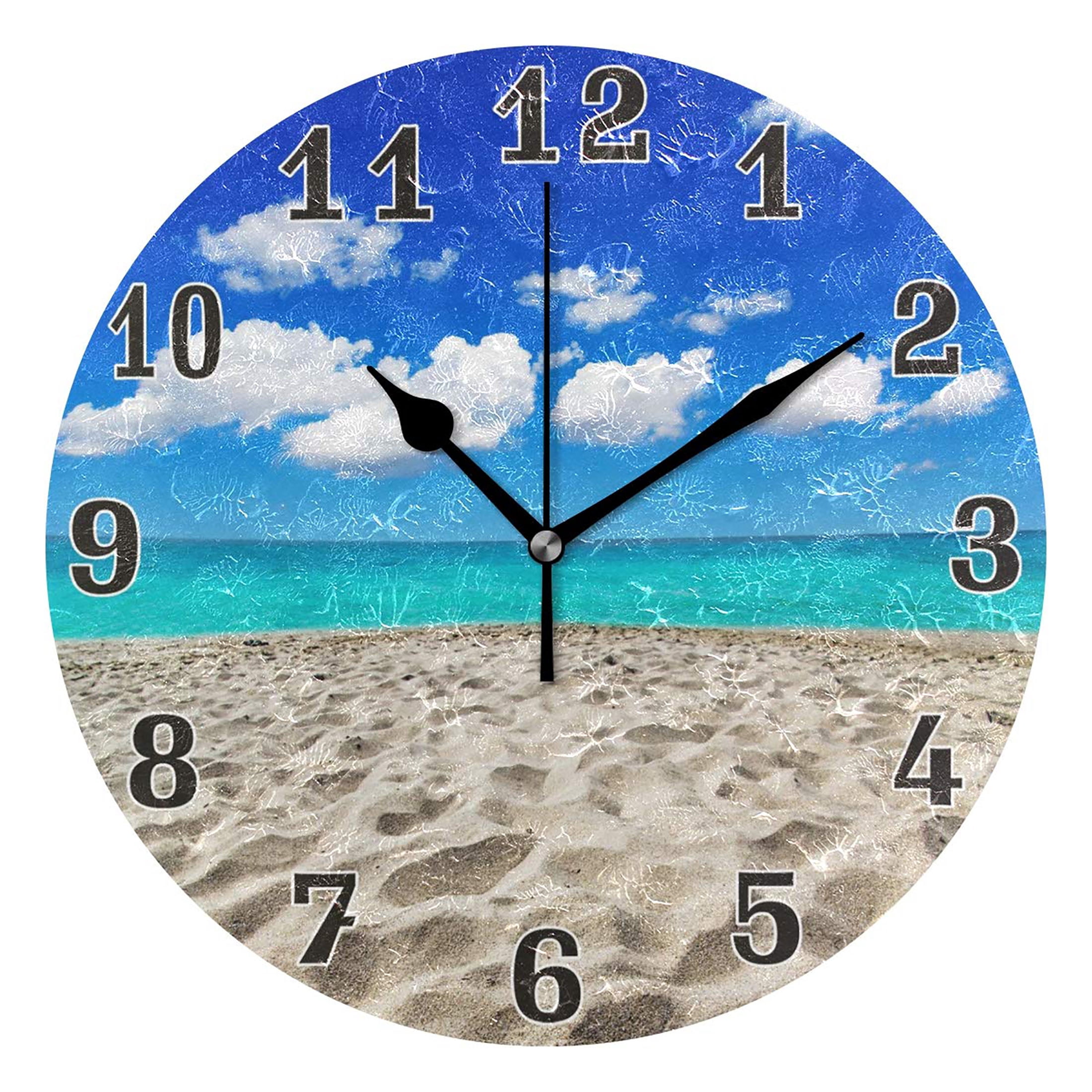 erolrail Summer Ocean Sea Beach Round Wall Clock, Silent Non Ticking ...