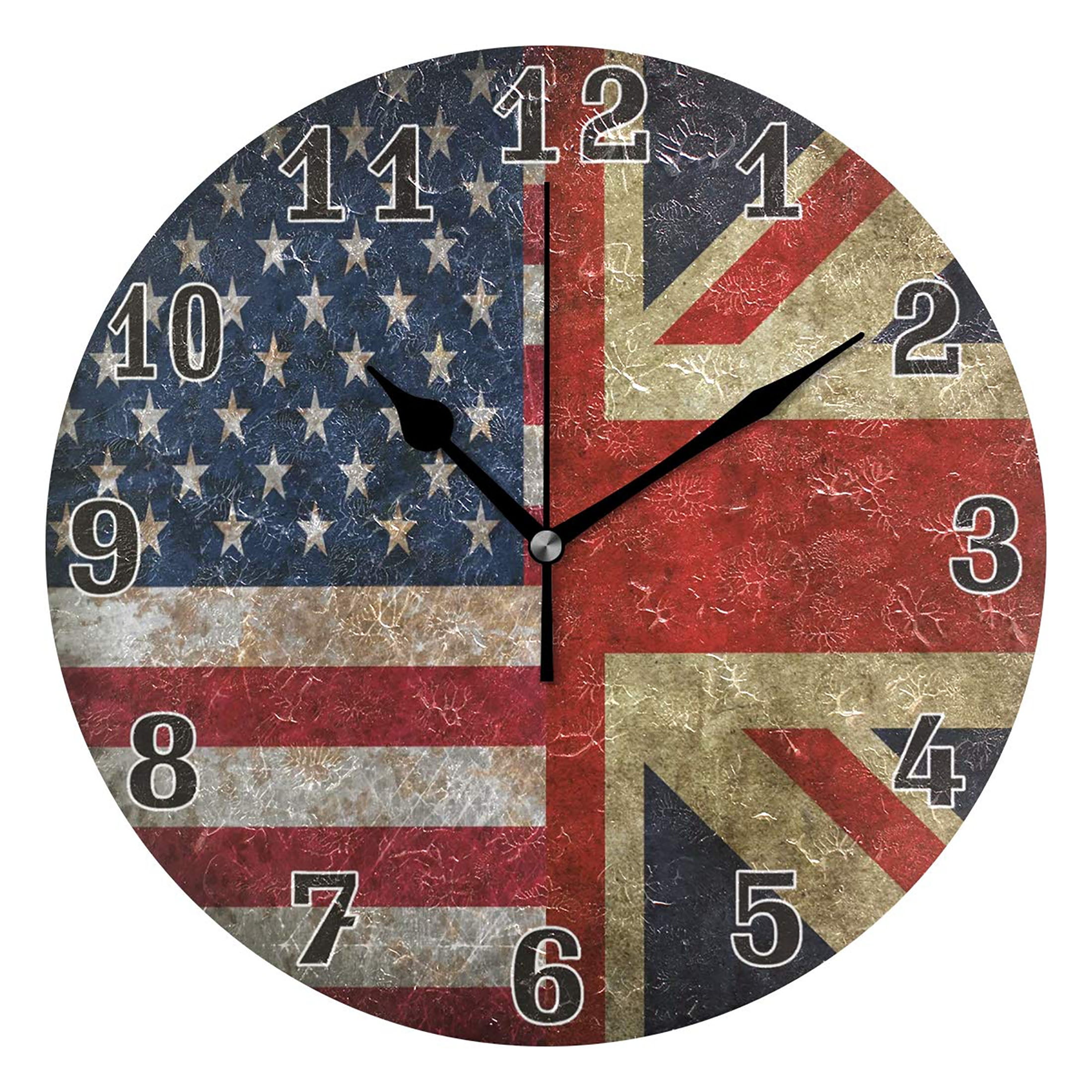 erolrail Vintage British American Flag Round Wall Clock, Silent Non ...