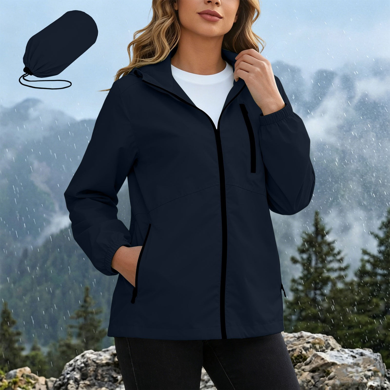 ersvoioy Womens Lightweight Rain Jacket Solid Hooded Zipper Water ...