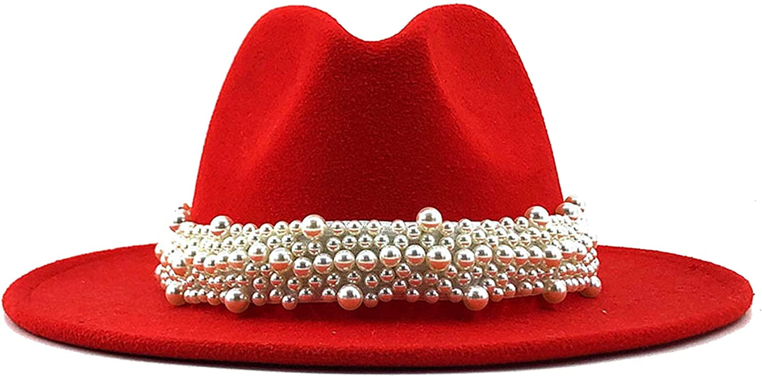 esafio Women's Vintage Pearl Band Fedora Hat Trendy Wide Brim Trilby ...