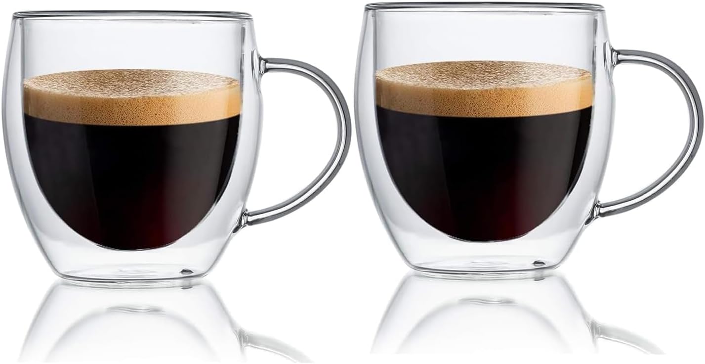 espresso cups set of 2, double walled glass coffee mugs with handle ...