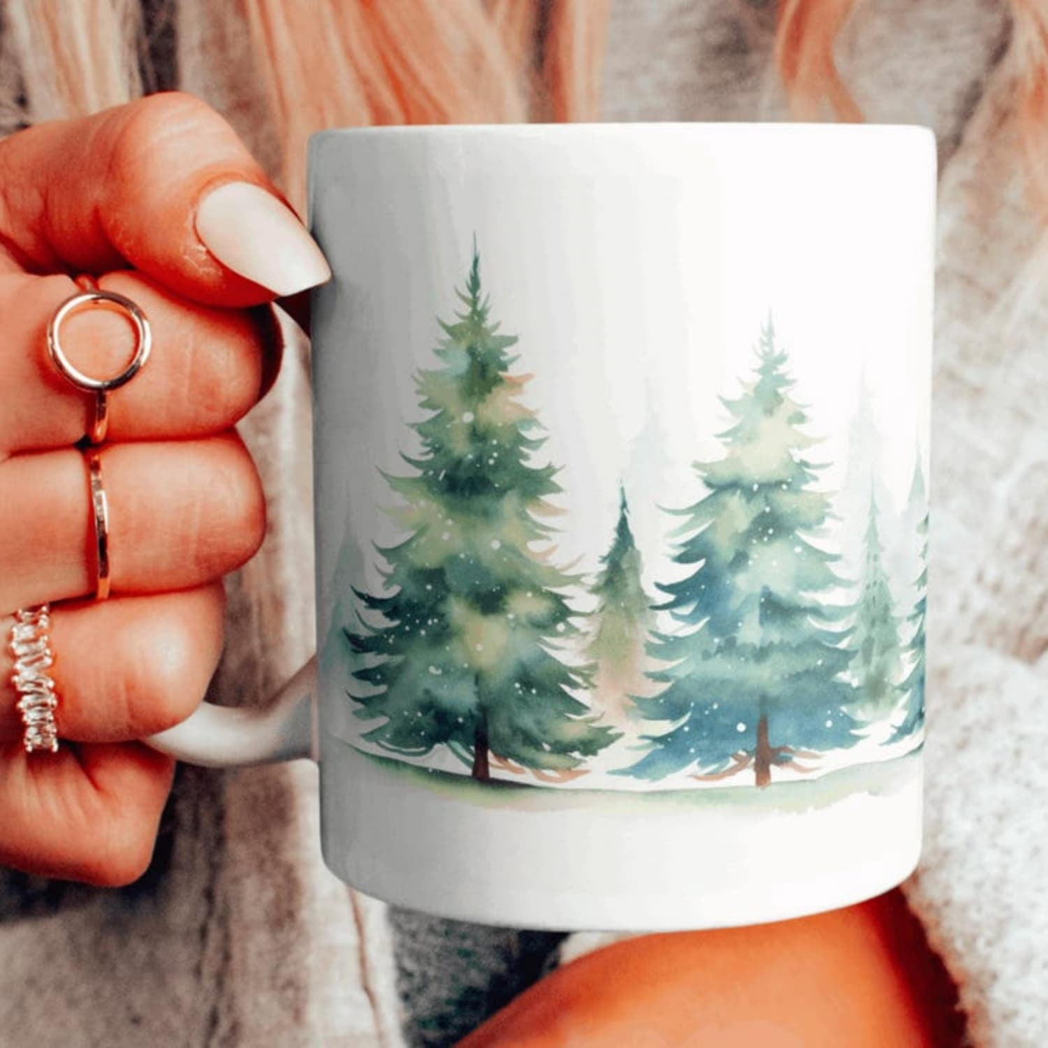 est Scenery Ceramic Mug Ceramic Mug, Watercolor Winter Evergreens ...