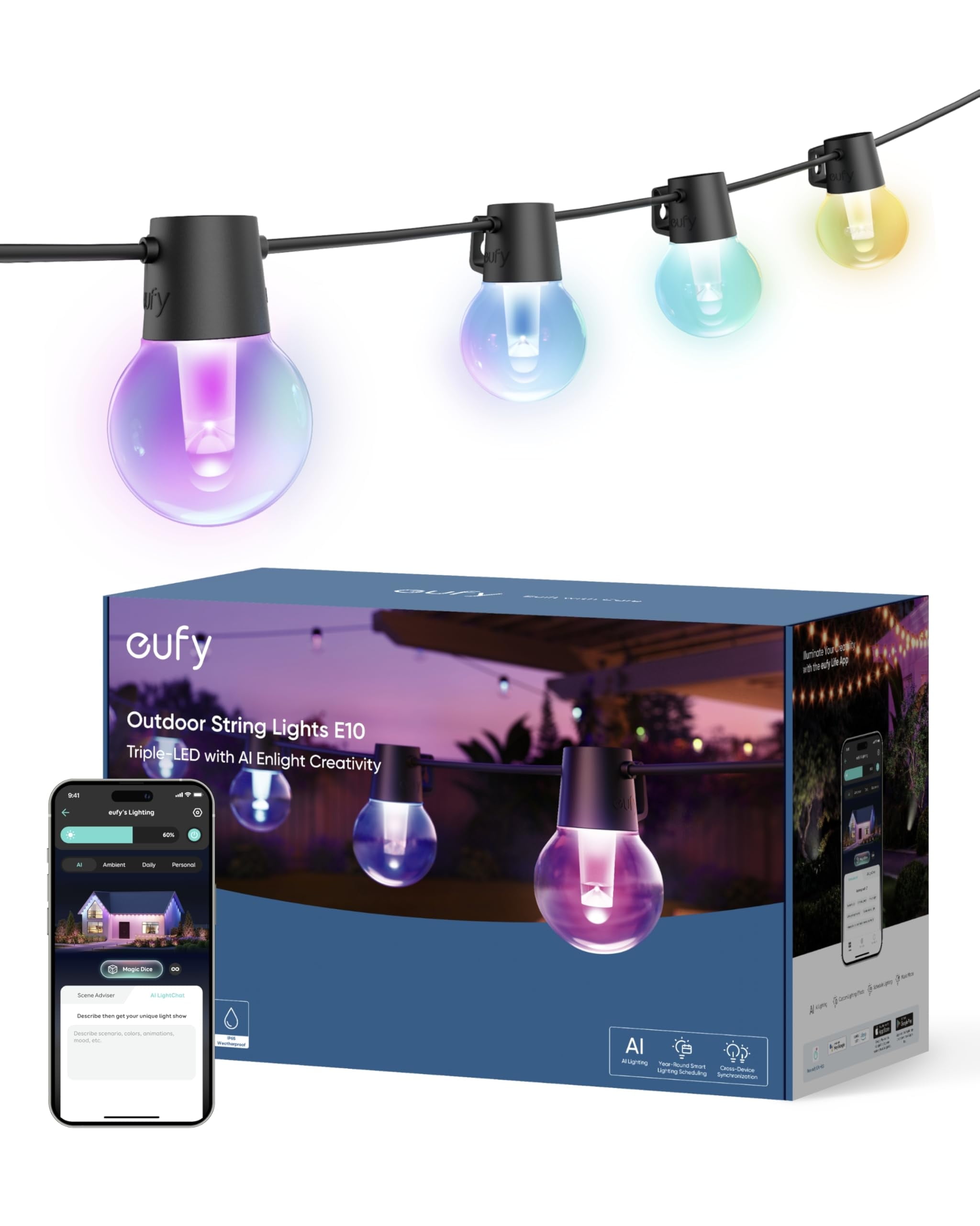 eufy Outdoor String Lights E10, 96ft with 30 Smart RGBWW LED Bulbs ...