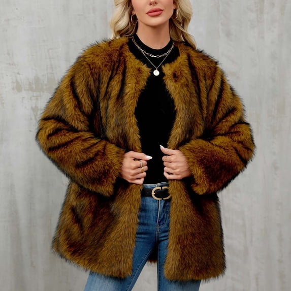 fall jackets,Brown Women Faux Fur Coat Fluffy Long Sleeve Open Front ...
