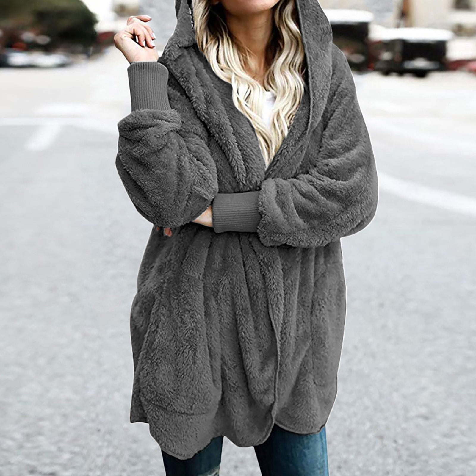fall jackets,Gray Womens Fuzzy Jacket Hooded Cardigan Open Front Sherpa ...