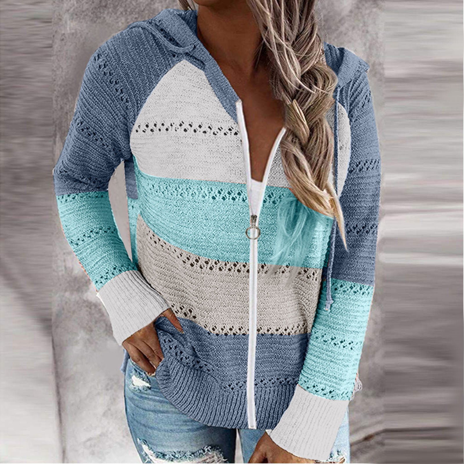 fall jackets,Sky Blue Womens Color Block Zip Up Hoodies Long Sleeve Oversized Sweatshirts Y2K ...