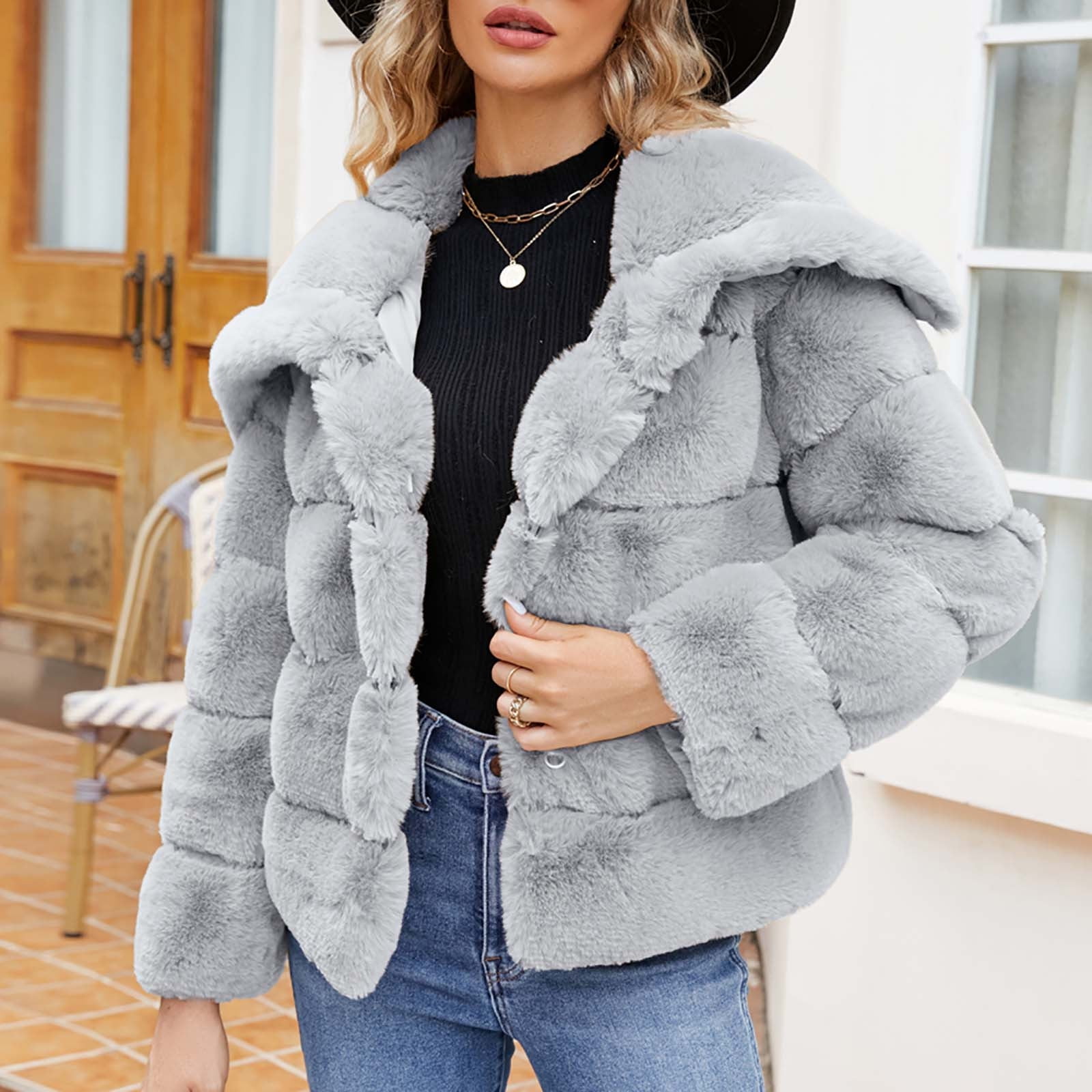 fall jackets for women 2025,Gray Women's Short Faux Fur Coat Casual ...