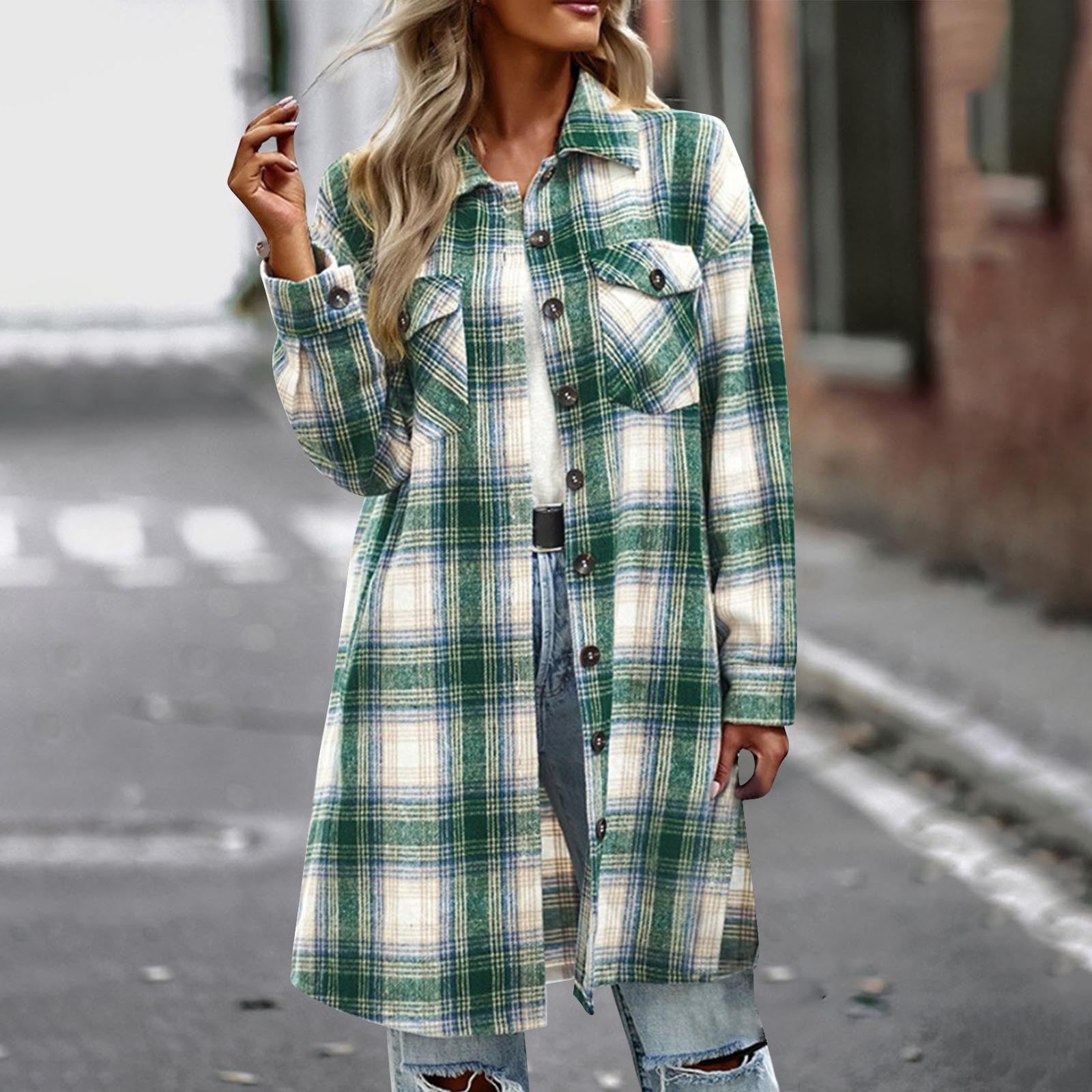 fall jackets for women 2025,Green Color Block Plaid Long Jackets Womens ...