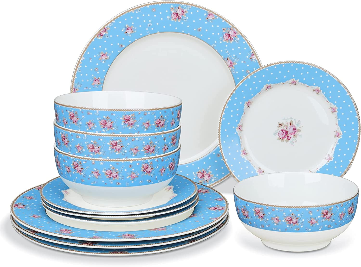 fanquare 12 Piece Dinnerware Set, Service for 4, Blue Porcelain Plates ...