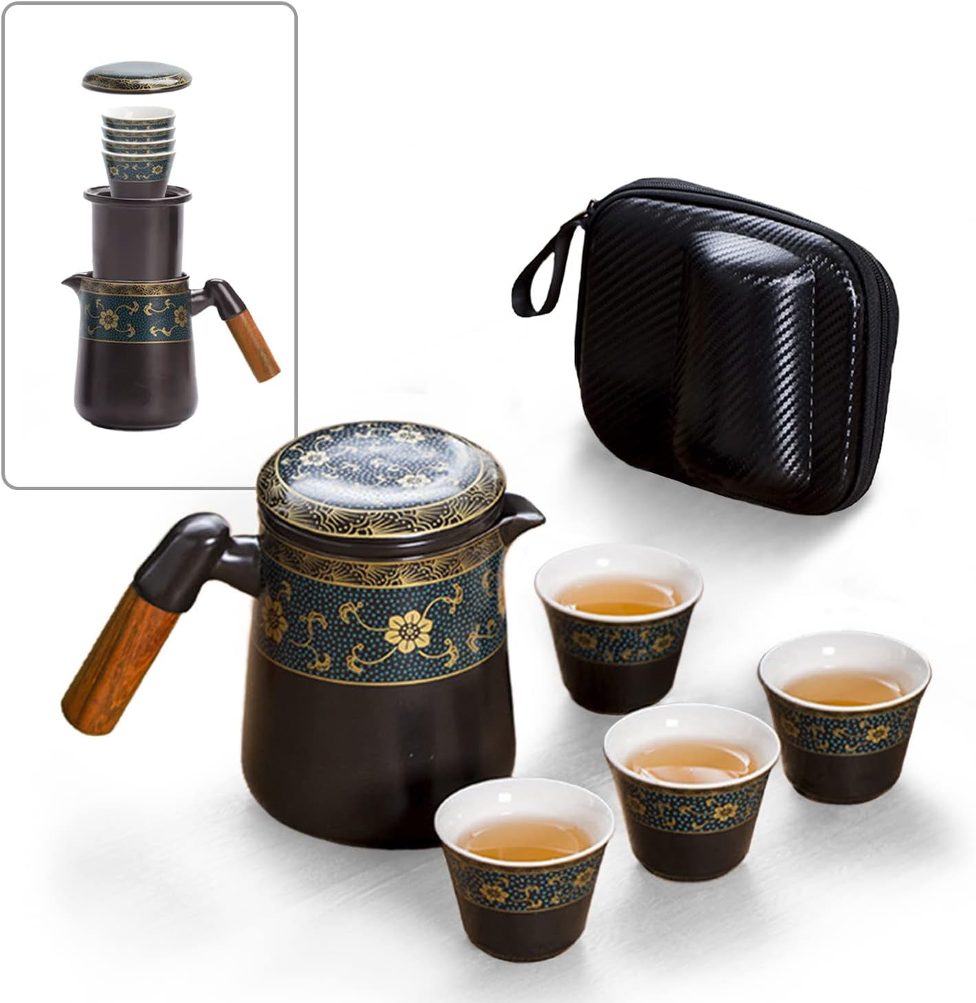 fanquare Black Gongfu Tea Set Travel, Chinese Kung Fu Tea Set with Gold ...