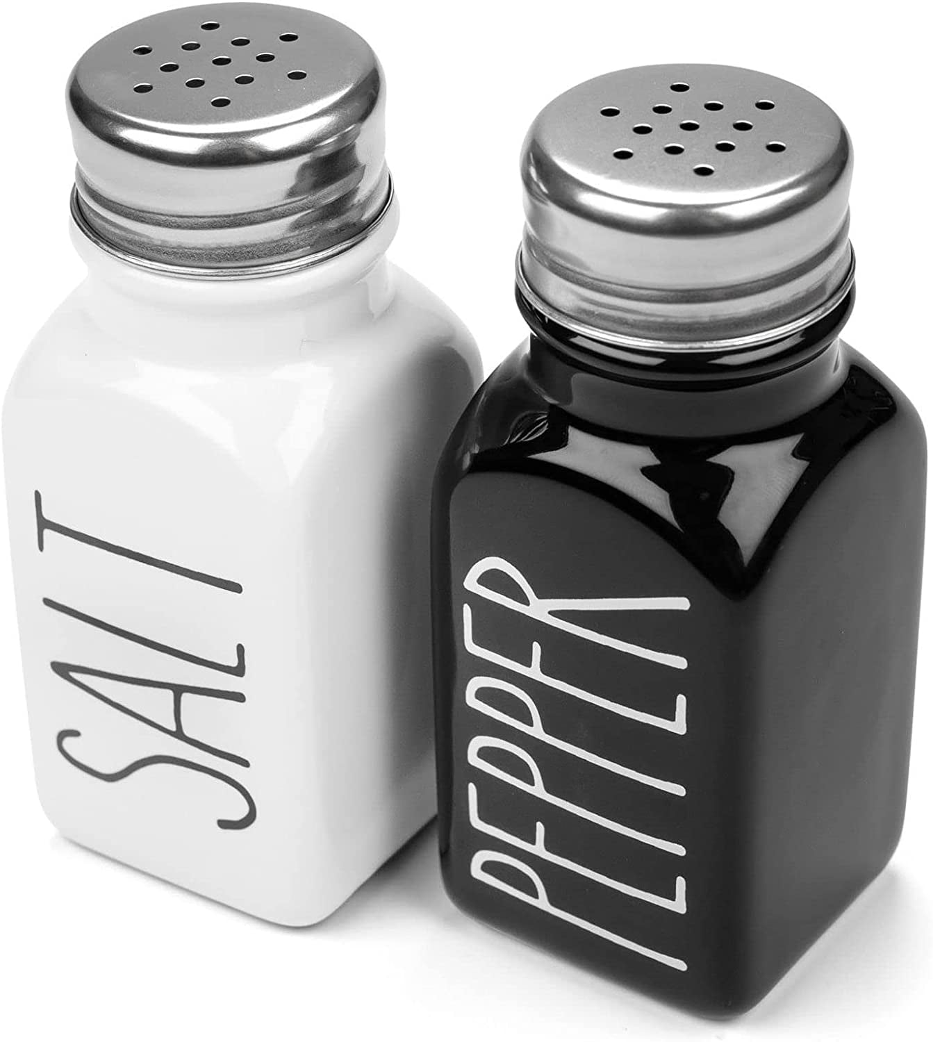 **farmhouse ceramic salt and pepper shakers set with extra lids. 100% ...