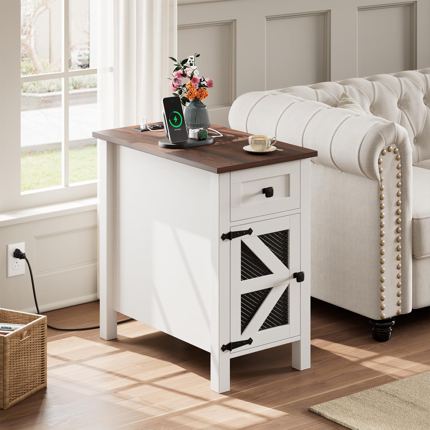Farmhouse End Table with Charging Station, Narrow White Side Tables ...