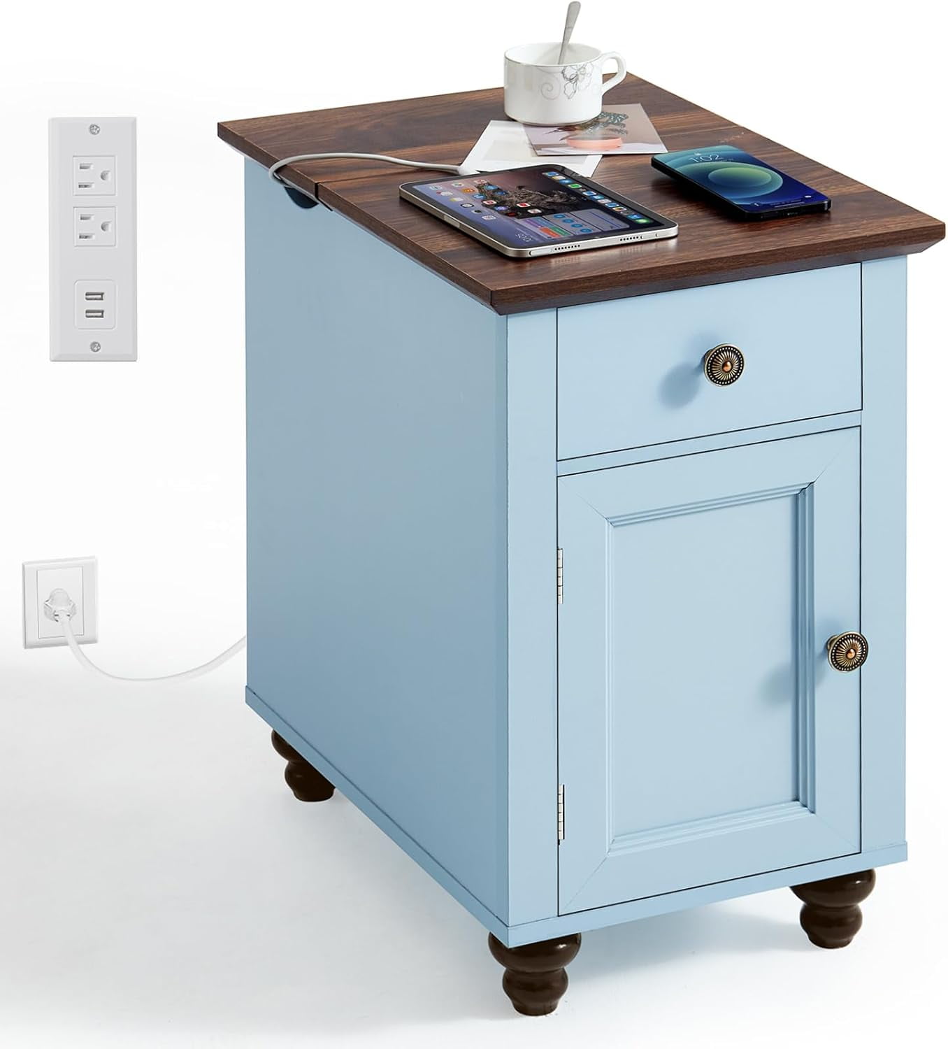 Farmhouse Side Table with Hidden Charging Station, End Table with Door ...