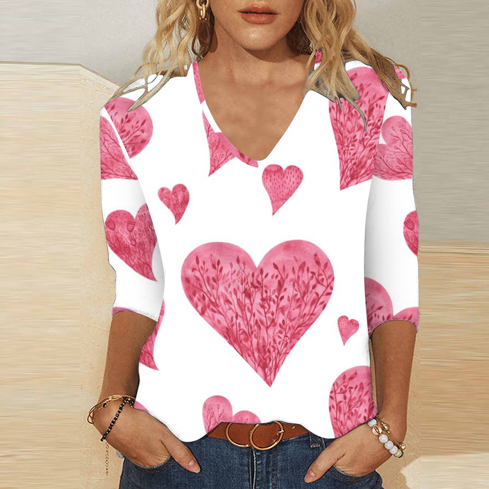 fartey 2024 Valentine's Day Tops for Women Plus Size 3/4 Length Sleeves ...