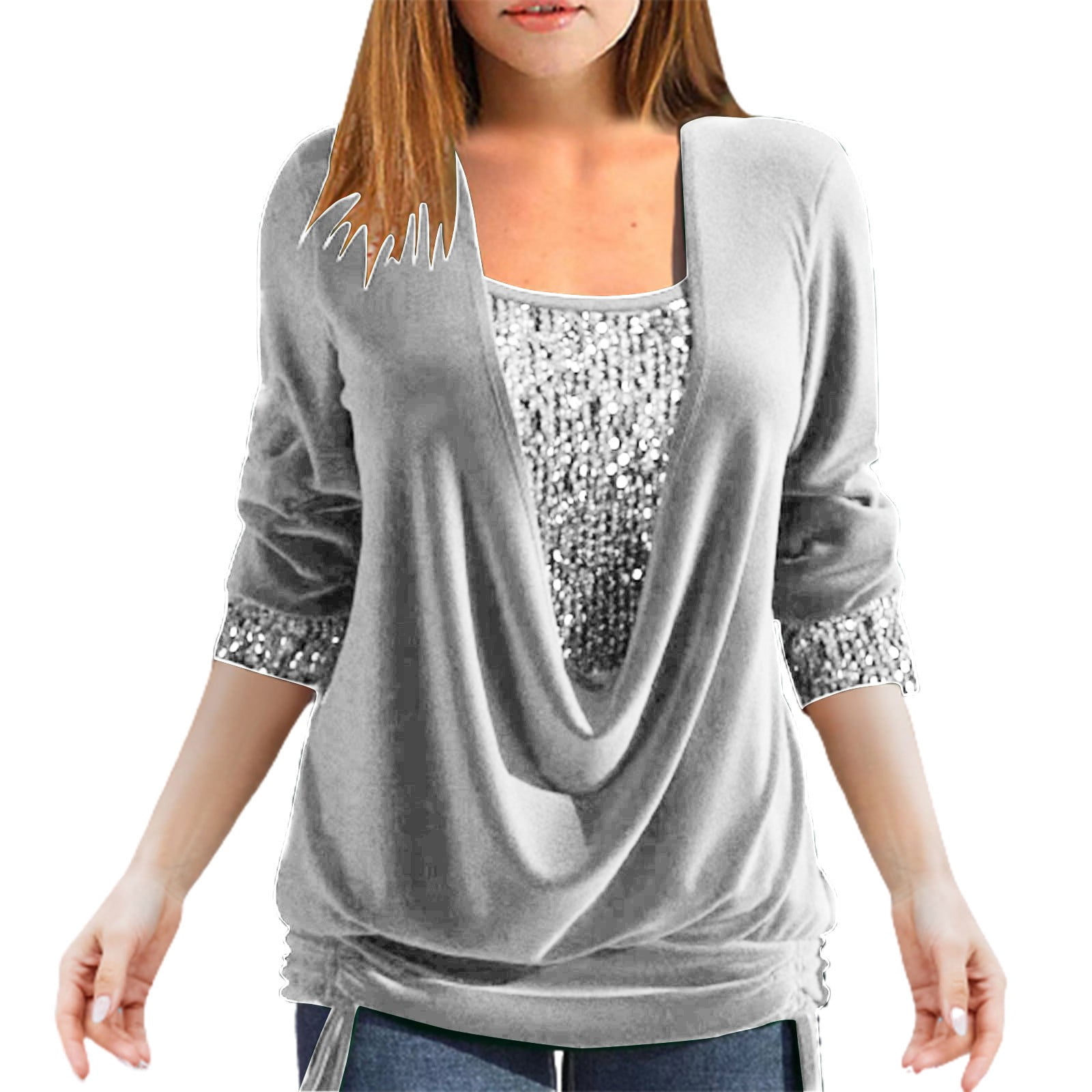 fartey 3/4 Sleeve Shirts for Women Trendy Sequin Sqare Neck Tshirt ...