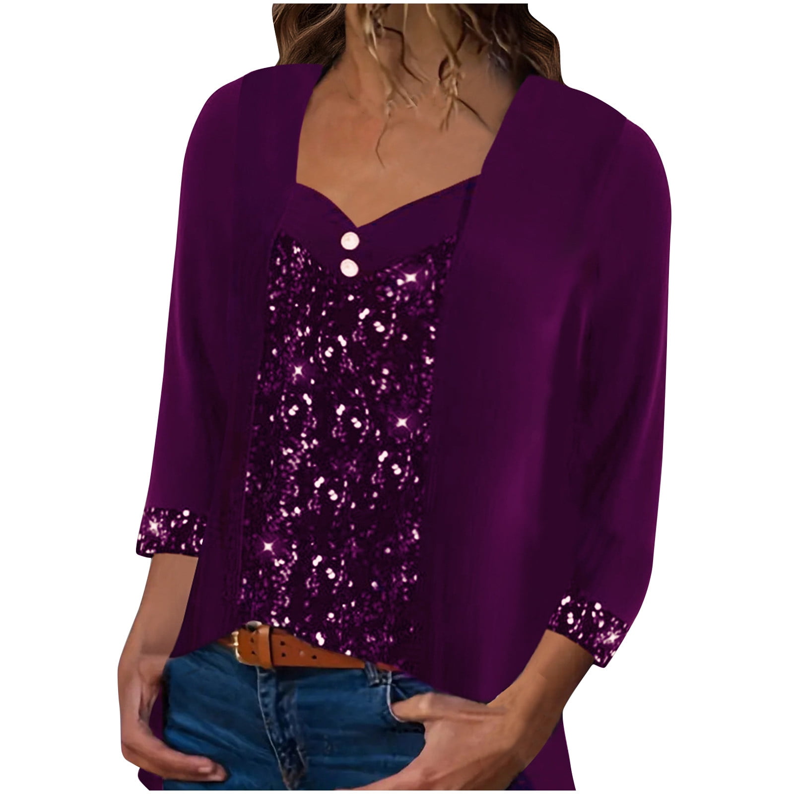 fartey 3/4 Sleeve Shirts for Women Trendy Sequin Square Neck Tshirt ...