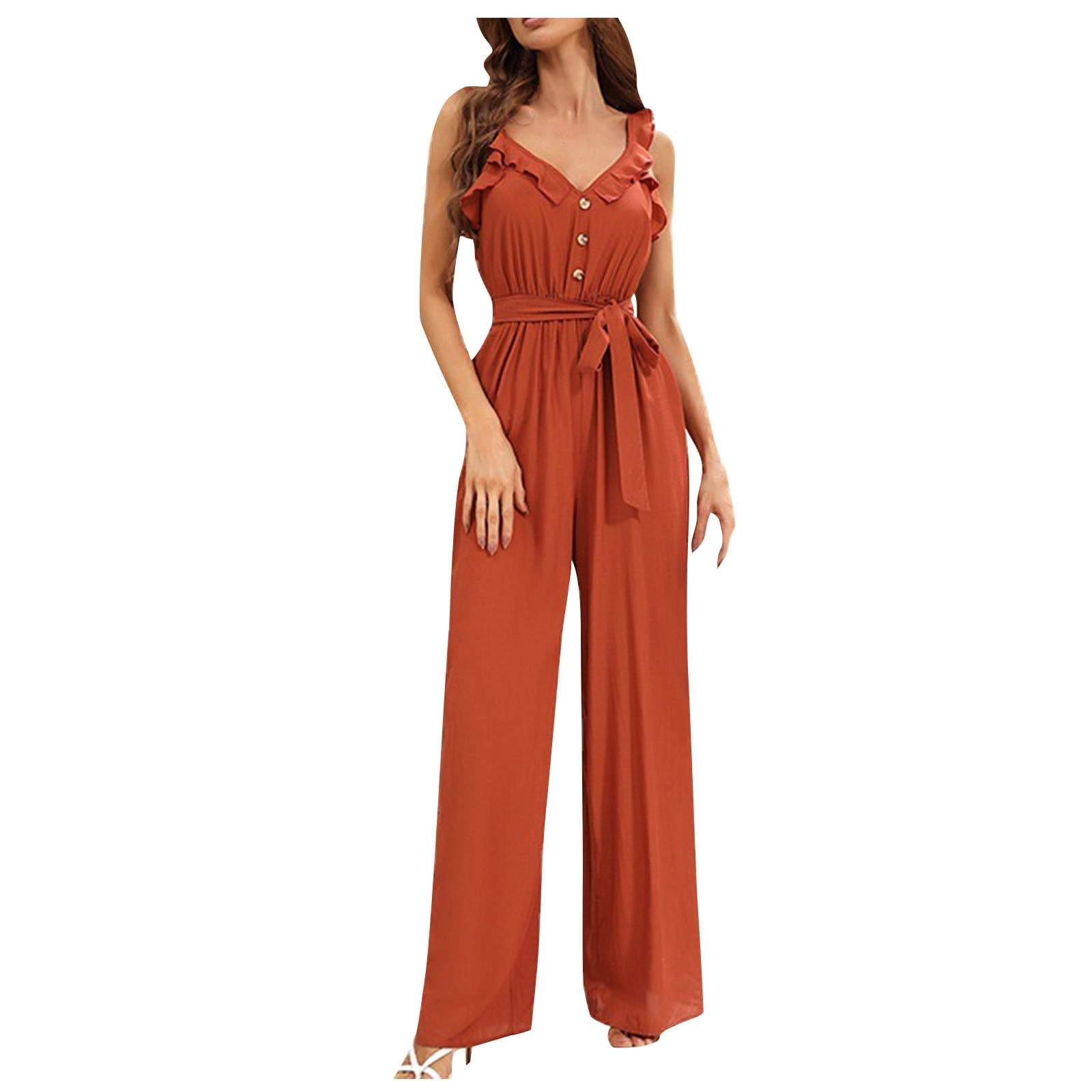 fartey Jumpsuits for Women Summer Dressy Button Solid Color Waist Tie ...