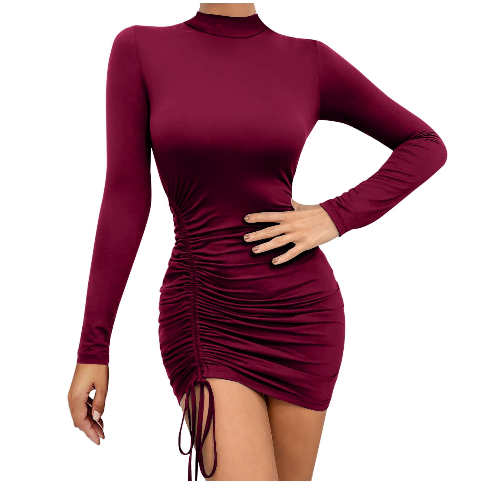 fartey Long Sleeve Bodycon Dresses for Women Slim Ruched Solid Color ...