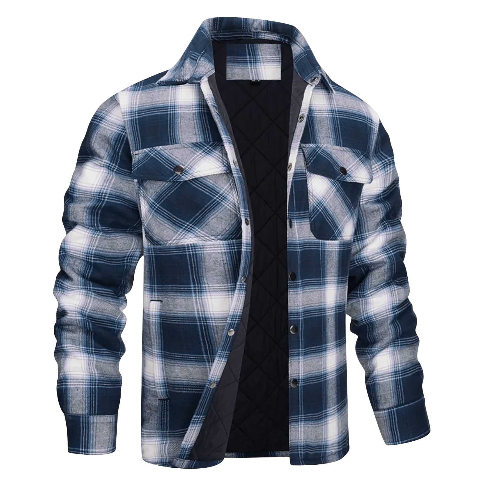fartey Men Plus Size Plaid Shacket Coat with Pockets Lapel Long Sleeve ...