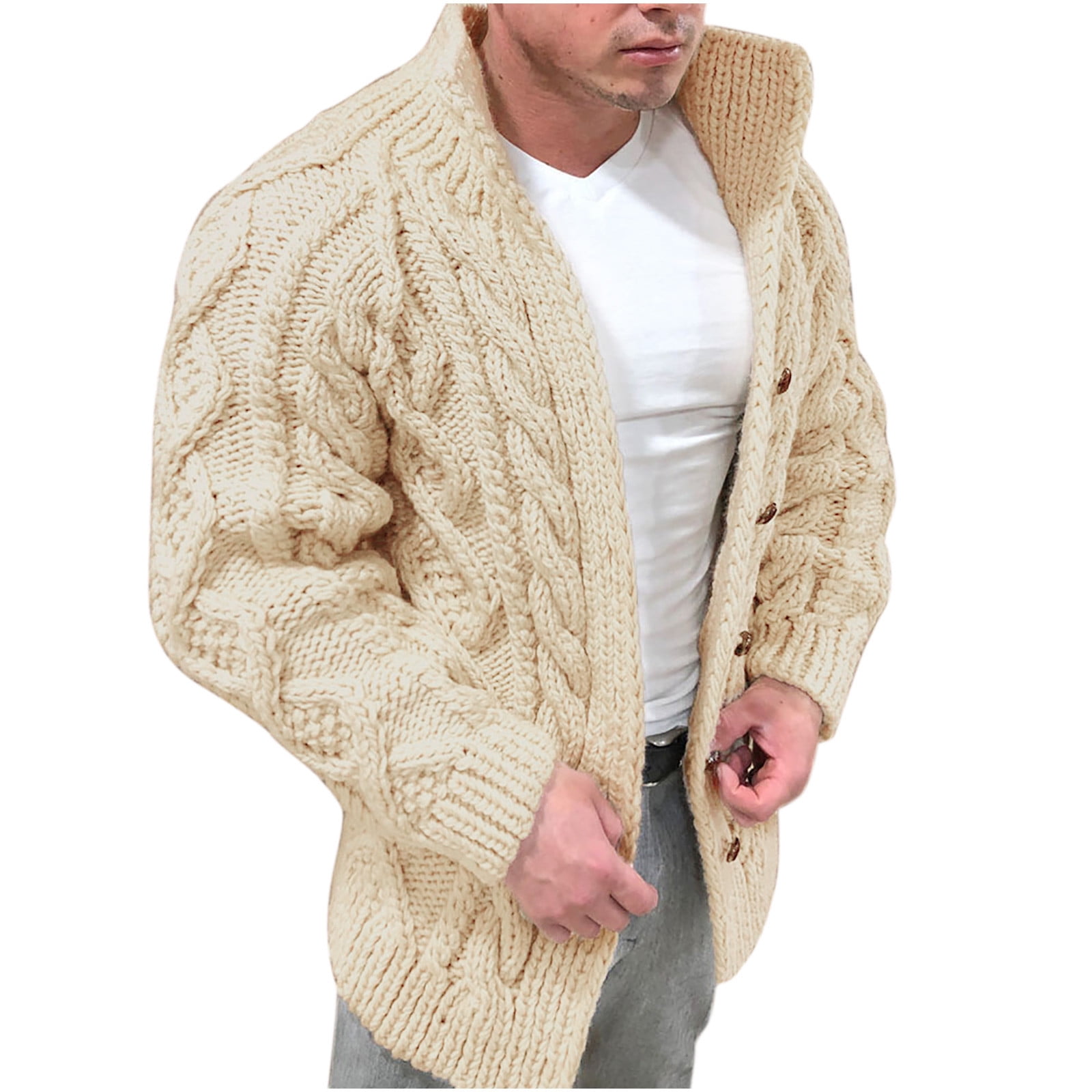 fartey Men's Stand Collar Cardigan Knitwear Thermal Twisted Knot Open ...