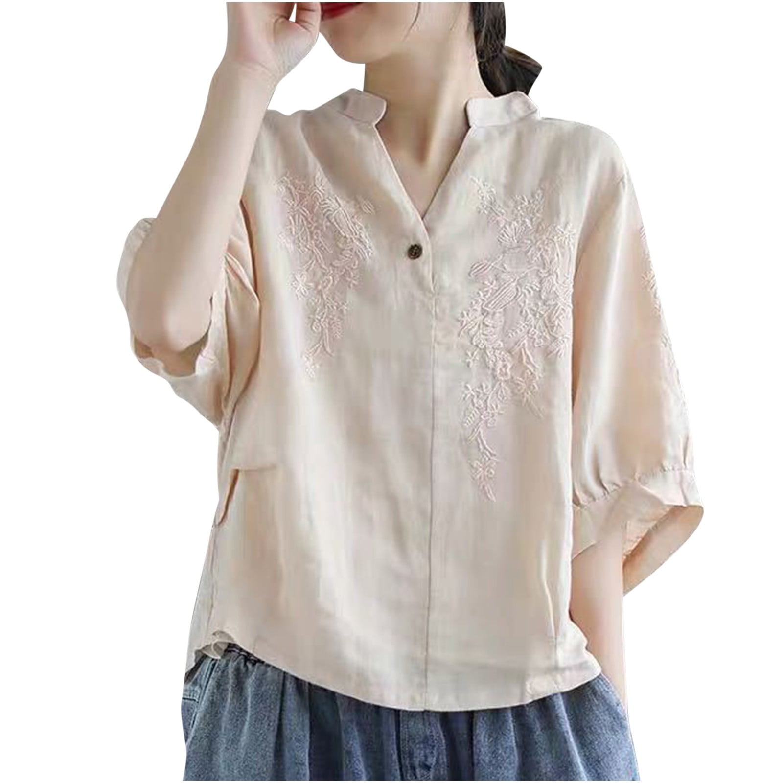 fartey Plus Size Cotton Linen Blouses for Women Half Sleeves Vintage T Shirts Lounge Floral ...