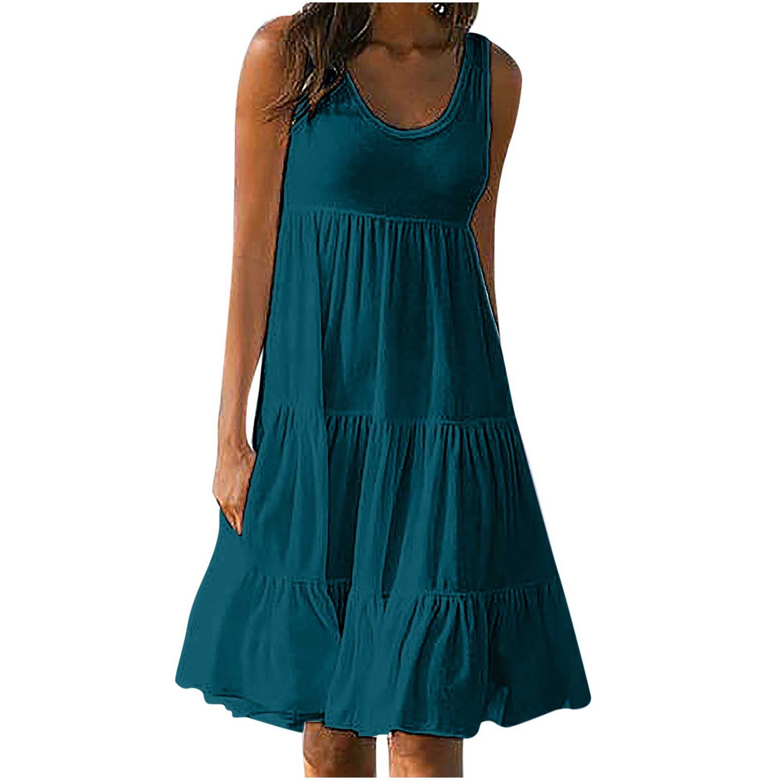 fartey Sleeveless Midi Sundress for Women Ruffle Layered Hem Pleated ...