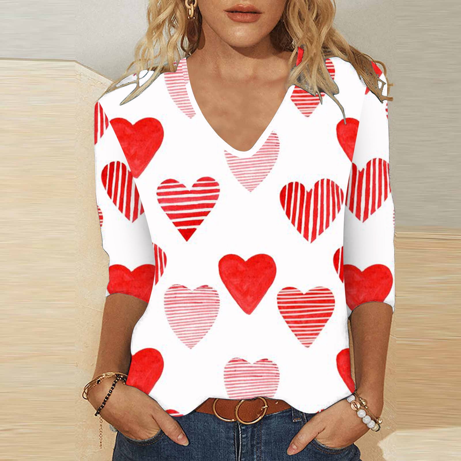 fartey Valentine Day T Shirts for Women Plus Size 3/4 Length Sleeve Blouses Funny Love Heart ...