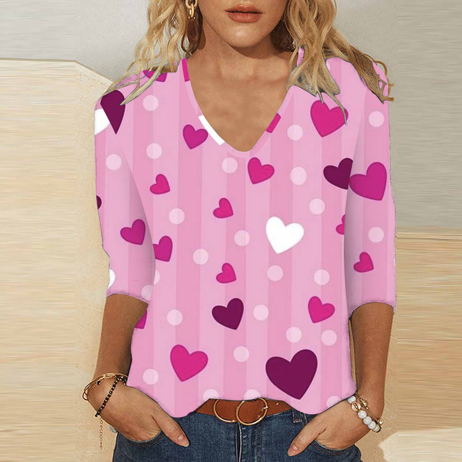 fartey Women 3/4 Sleeves Pink Blouses Plus Size Valentine Day T Shirt Cute Love Heart Graphic ...