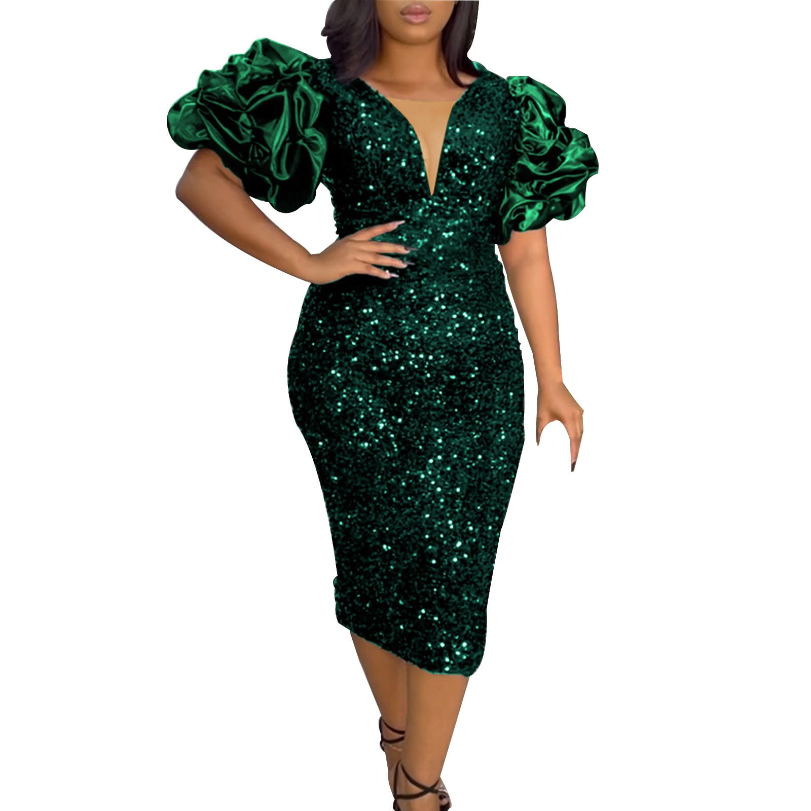 fartey Women Plus Size Sparkly Sequins Dress Deep V Neck Bodycon ...