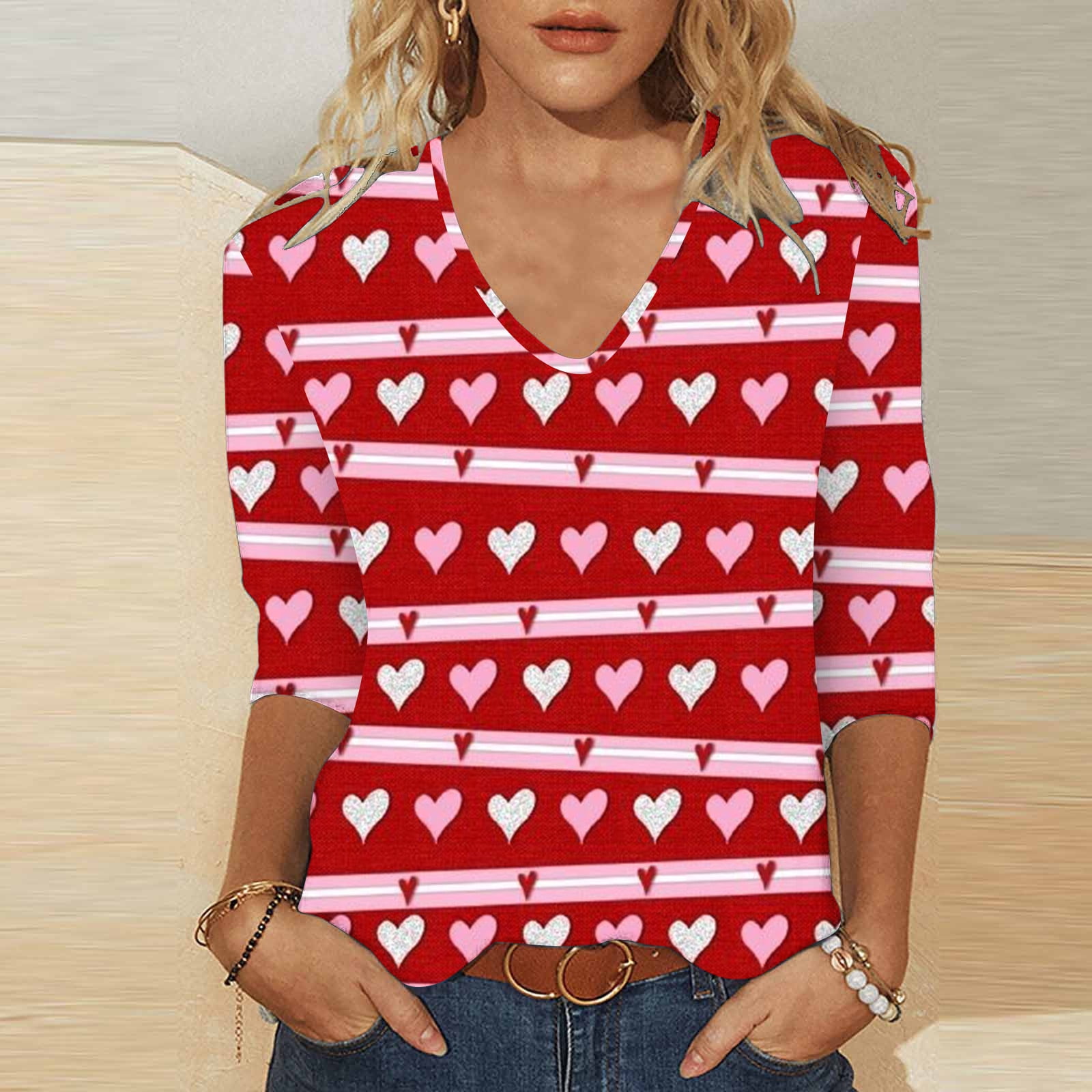 fartey Women's 2024 Valentines Day T Shirts Plus Size 3/4 Length Sleeve Cute Top Romantic Fun ...