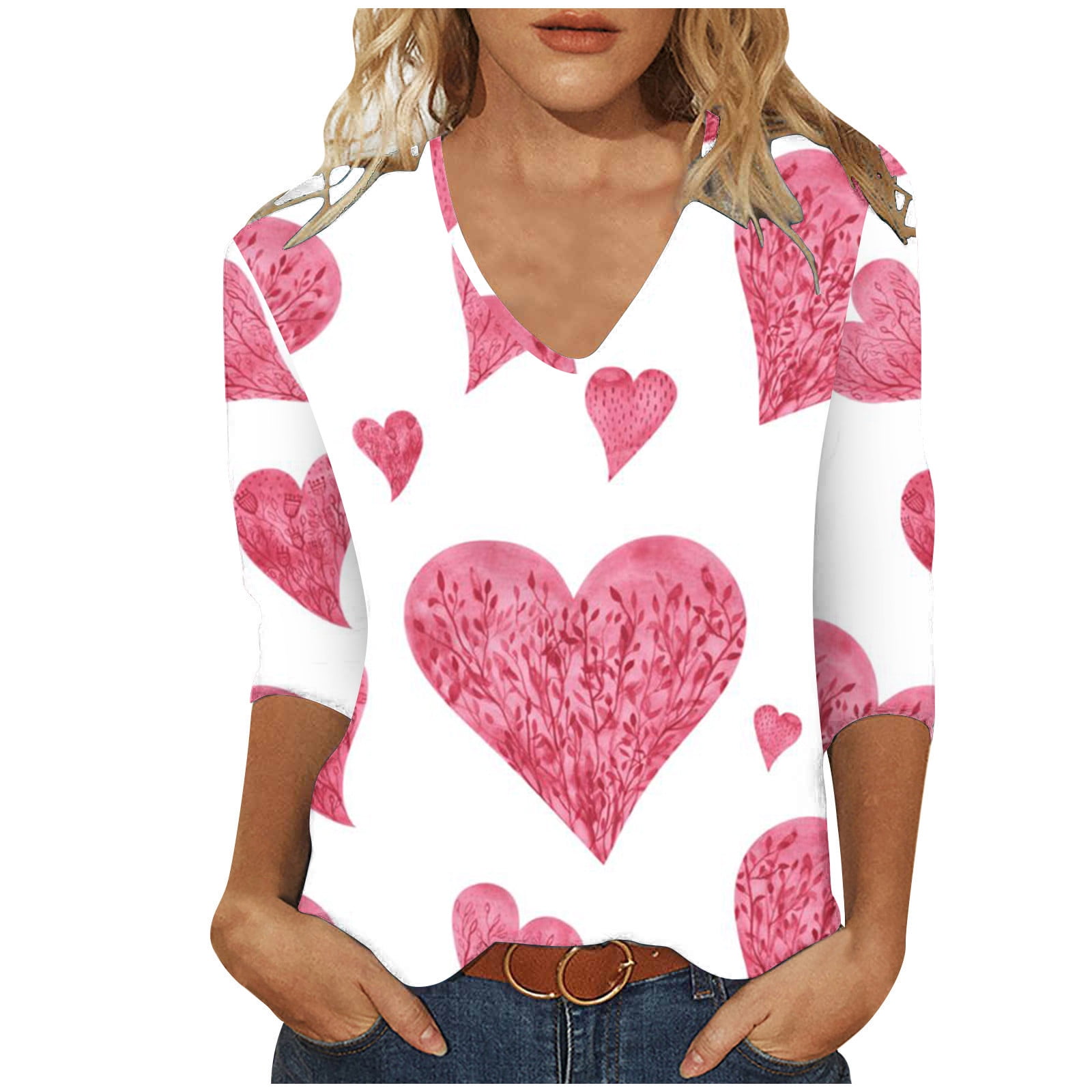 fartey Women's Plus Size 3/4 Sleeve Shirts 2024 Valentine Day Pink Tops for Women Love Heart ...
